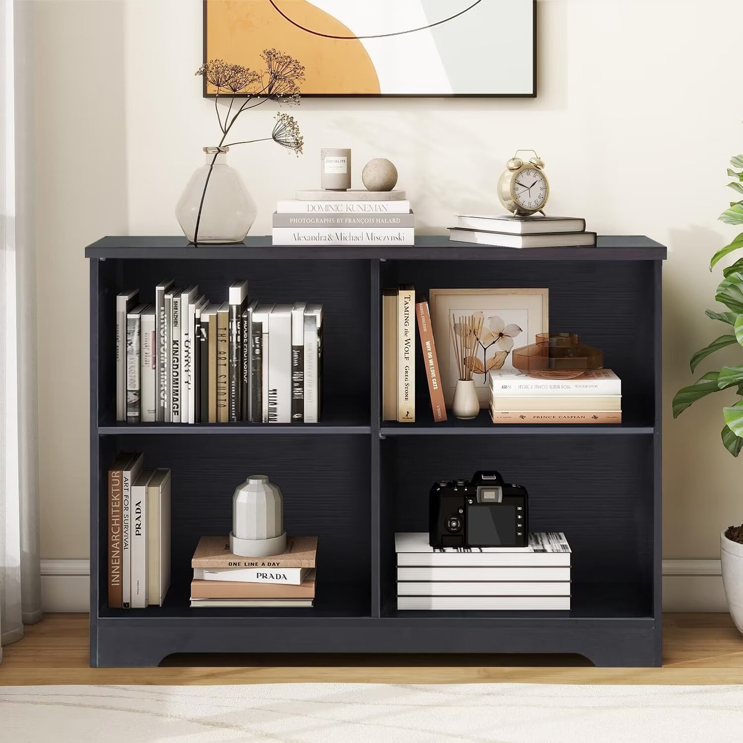 Bookshelf with Open Adjustable Shelves, 2-Layer Bookcase 4-Bucket ...