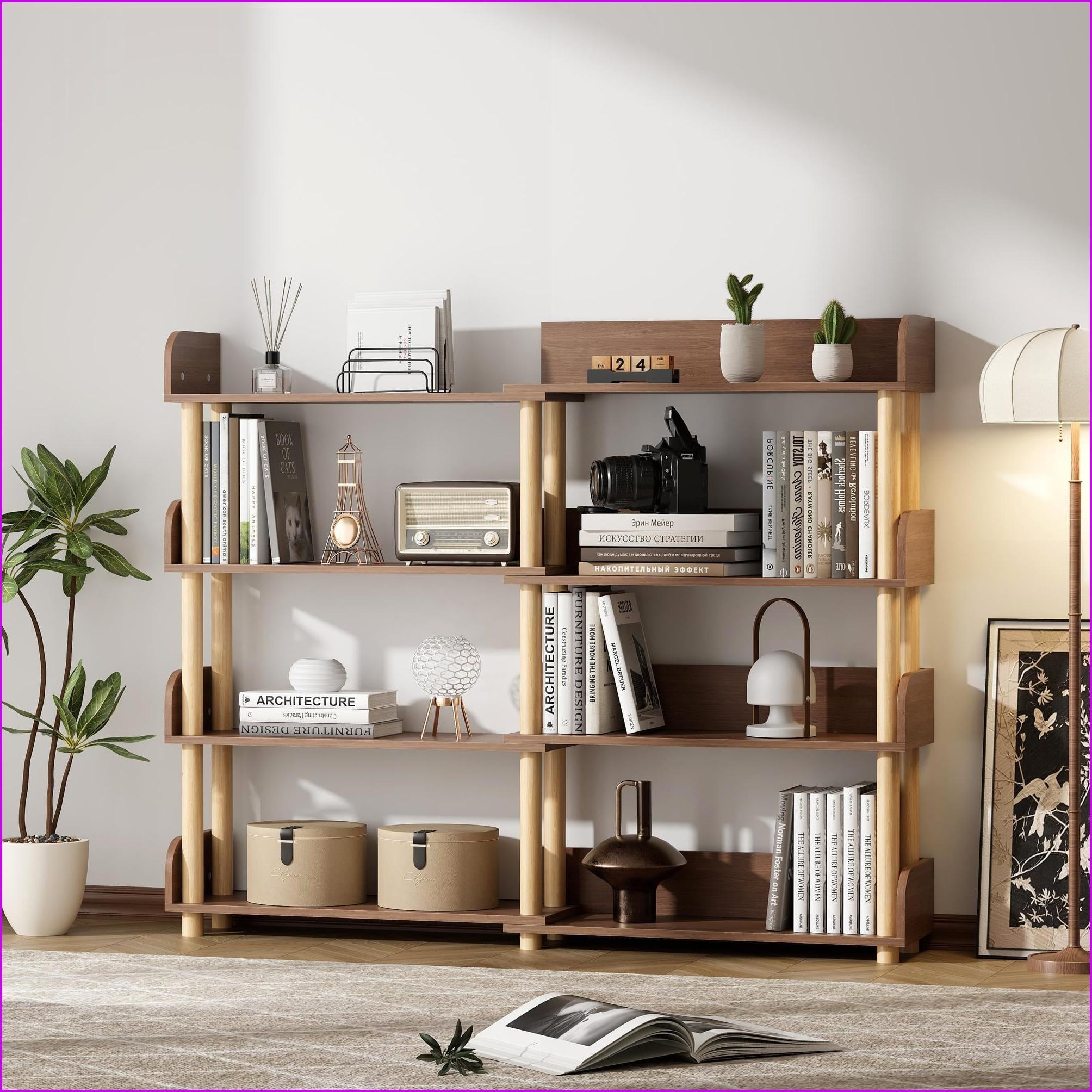 Bookshelf, Rustic 4 Tier Retractable Rotatable Corner Shelf, Walnut ...