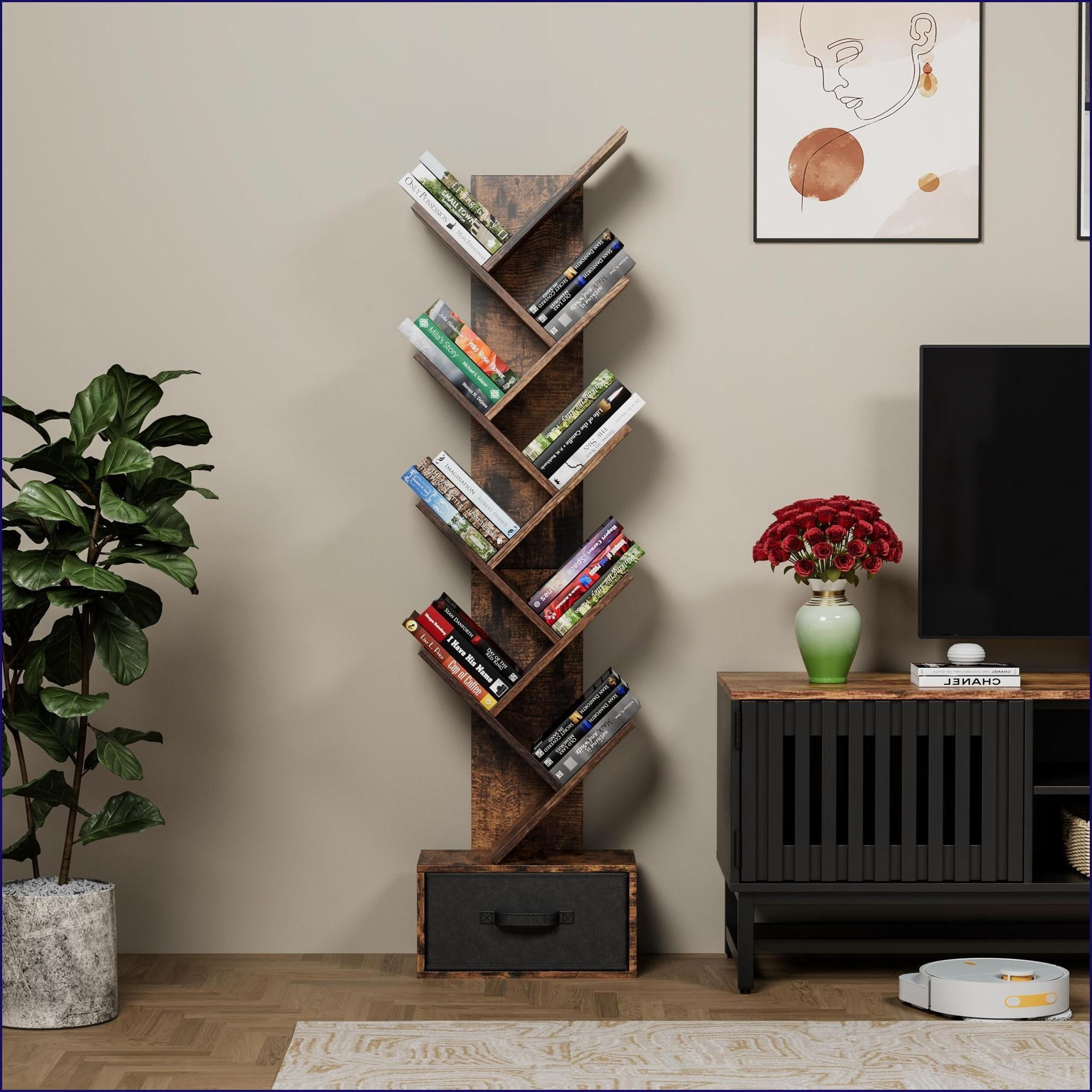 Bookshelf, Rustic 9-Tier Tree with Drawer | Walnut Brown MDF | Deep ...