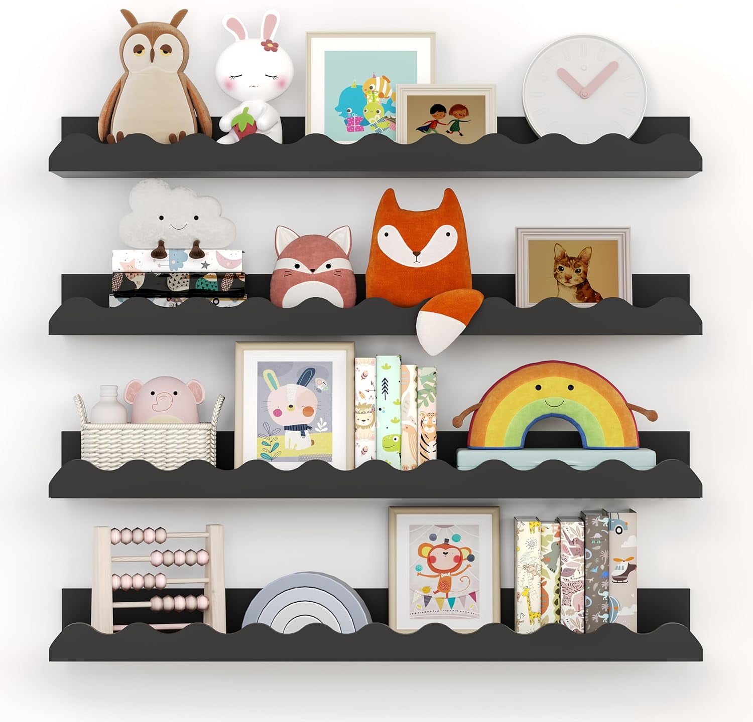 Bookshelf Set of 4 - Black Floating Nursery Book Shelves, Picture Ledge ...