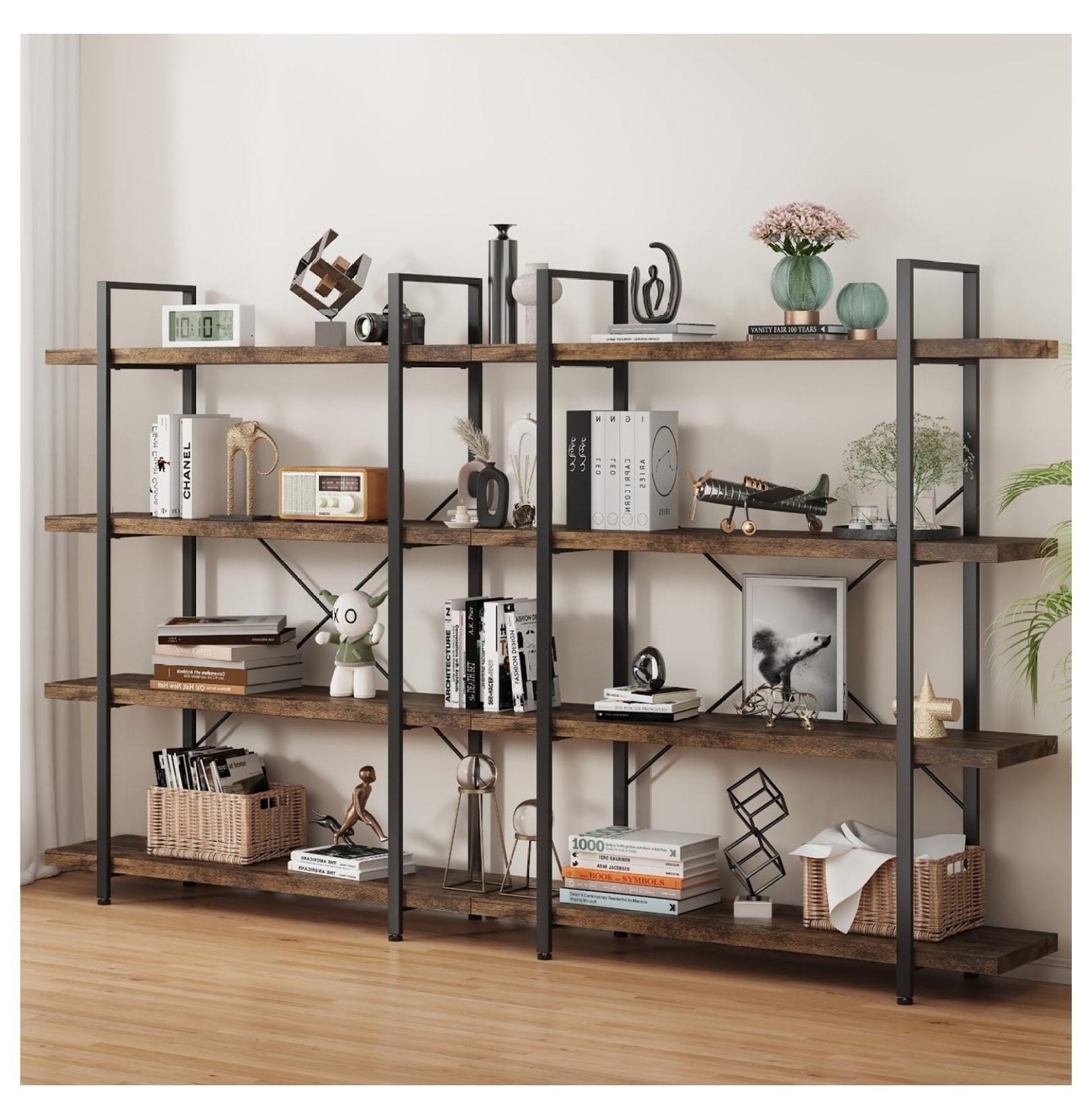 Bookshelf Set, Heavy Duty 4-Tier Industrial Bookcase, 47" Wide Wood ...