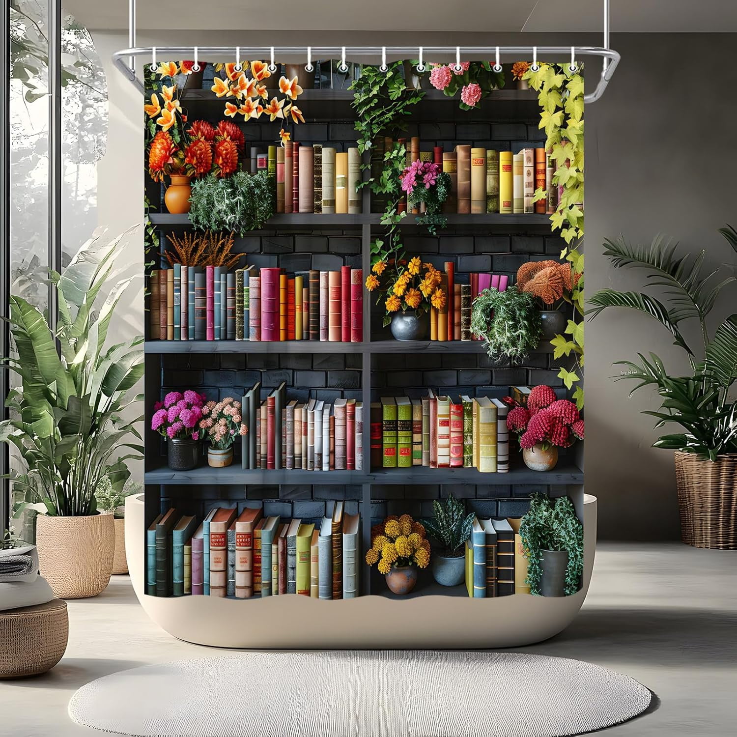 Bookshelf Shower Curtain Flower Library Potted Plant Educational ...