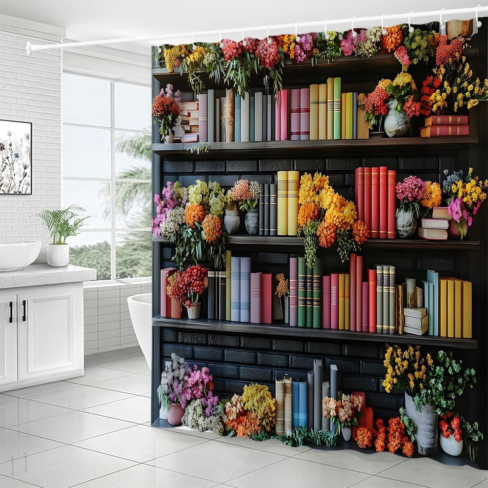Bookshelf Shower Curtain Library Flower Potted Plant Bookshelves Art ...