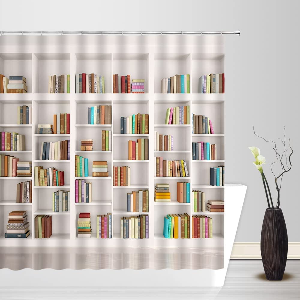 Bookshelf Shower Curtain Library Vintage Educational Bookcase Readable ...