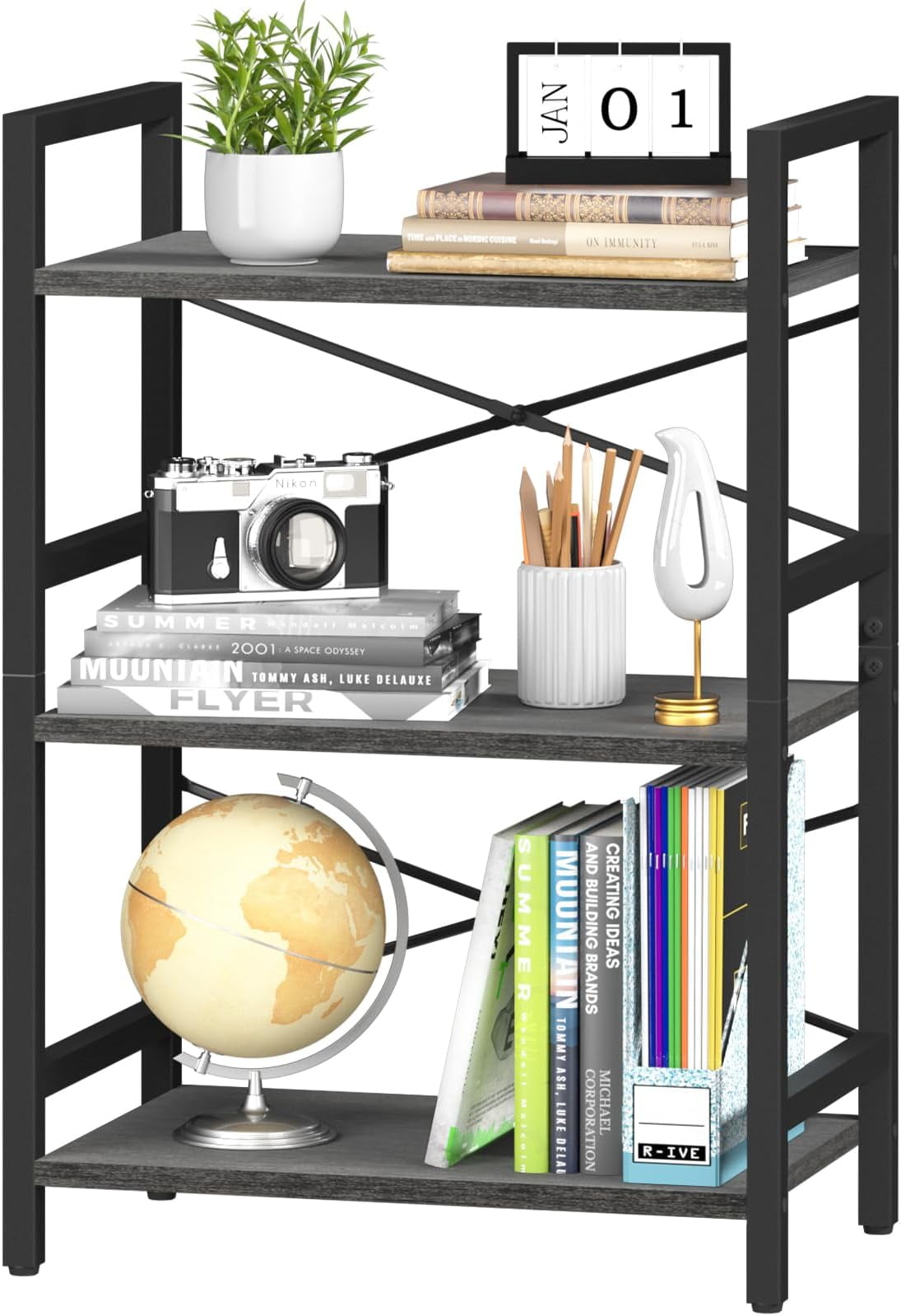 Bookshelf Small Book Shelf, Solid Industrial 3 Tier Shelf Bookcase ...