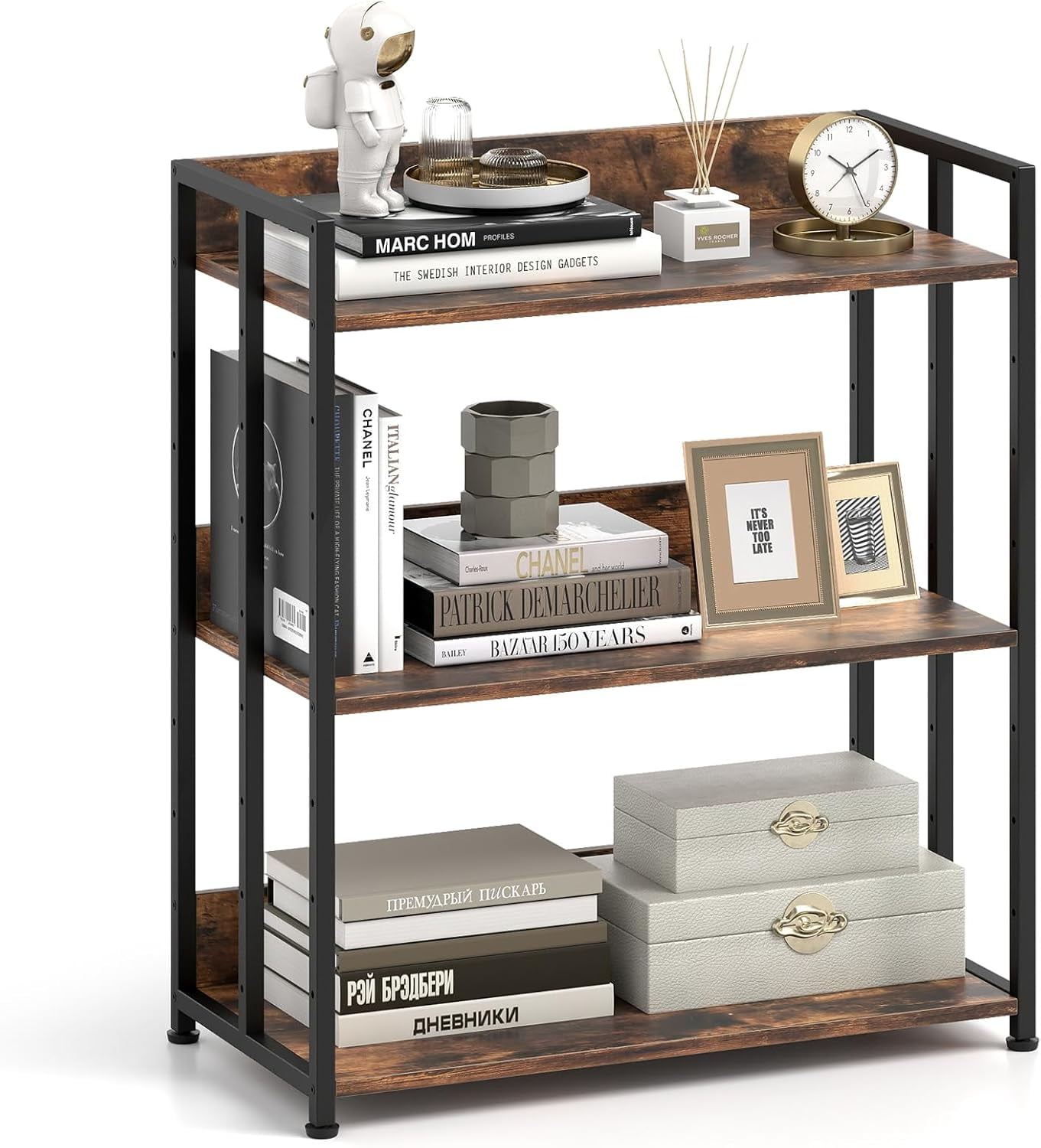Bookshelf, Small Bookcase with Metal Frame & Wooden Display Racks ...