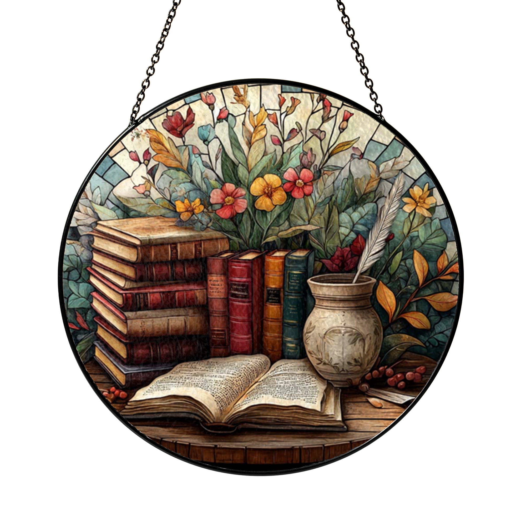 Bookshelf Stained Glass Style Suncatcher Window Decor, Floral Book Art ...
