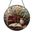 Bookshelf Stained Glass Style Suncatcher Window Decor, Floral Book Art ...