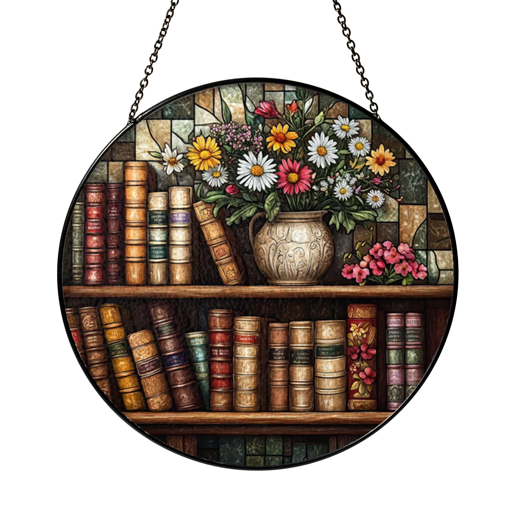 Bookshelf Stained Glass Suncatcher – Vintage Library Window Hanging for ...