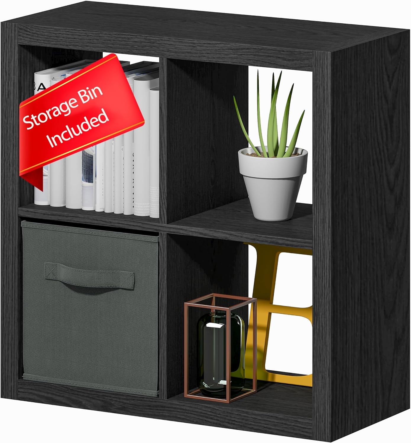 Bookshelf with Storage Bin, 4-Cube Storage Organizer, Modern Wood Open ...