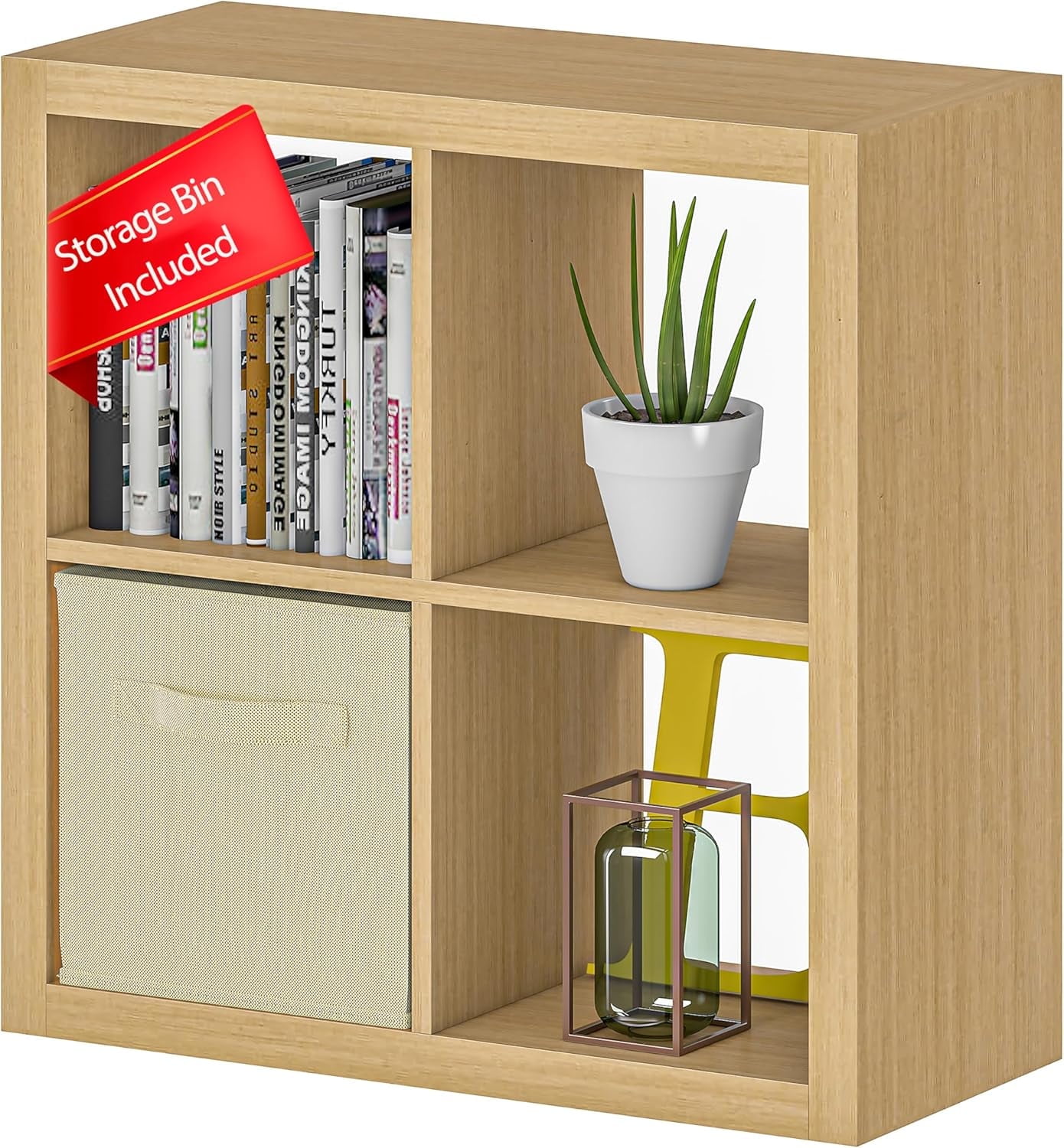 Bookshelf with Storage Bin, 4-Cube Storage Organizer, Modern Wood Open Bookcase, Multifunctional ...