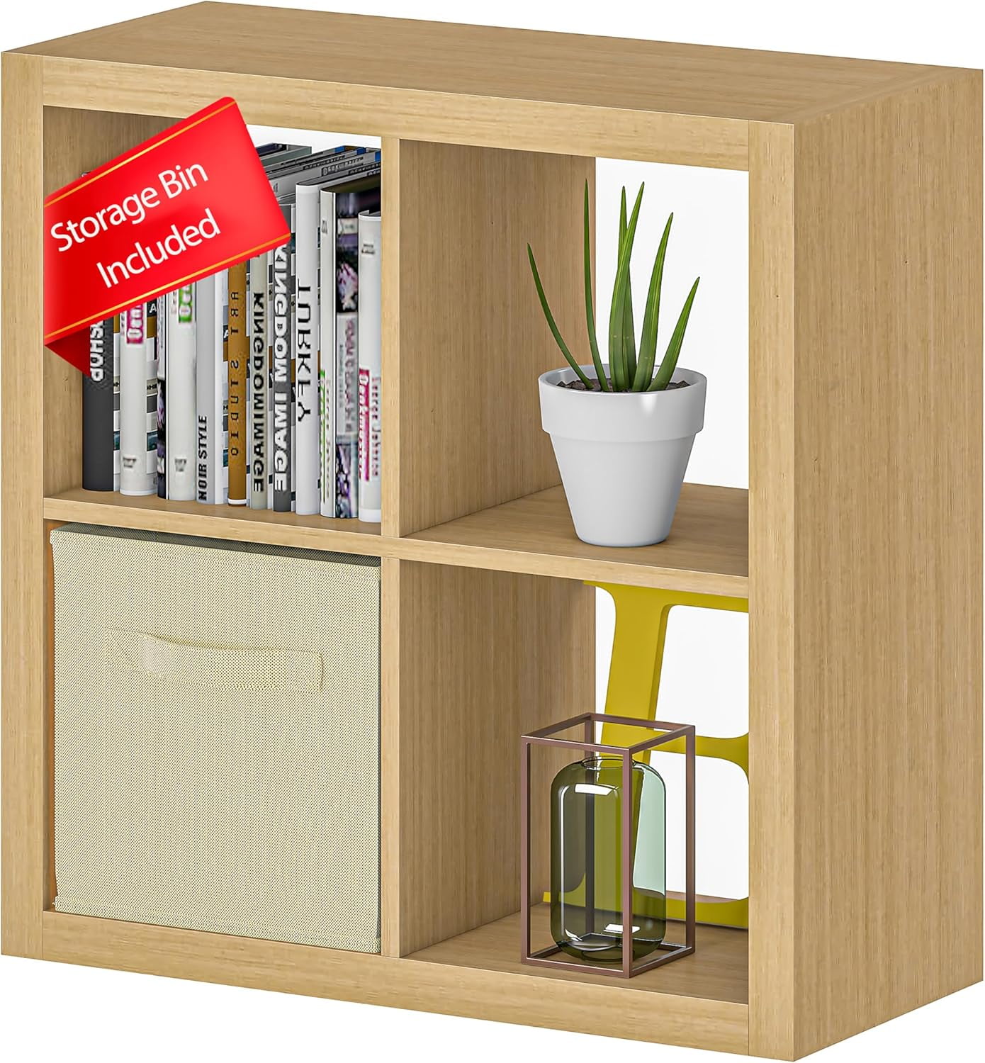 Bookshelf with Storage Bin, 4-Cube Storage Organizer, Modern Wood Open ...