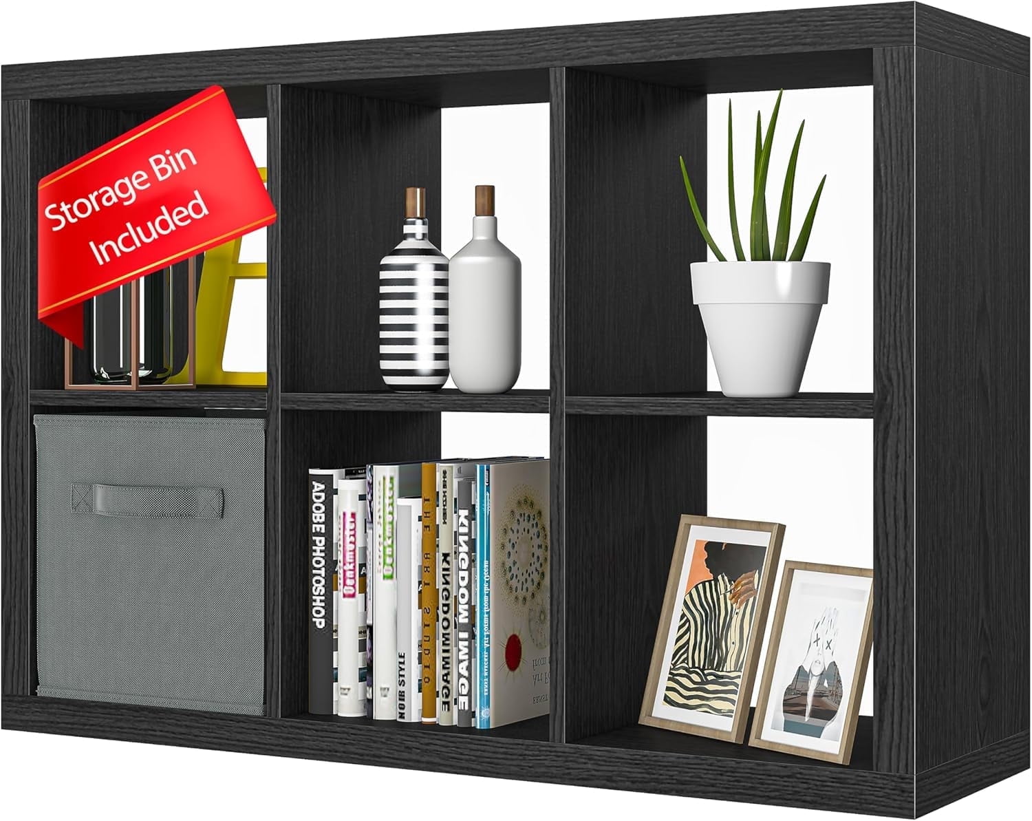 Bookshelf with Storage Bin, 6-Cube Storage Organizer, Modern Wood Open ...