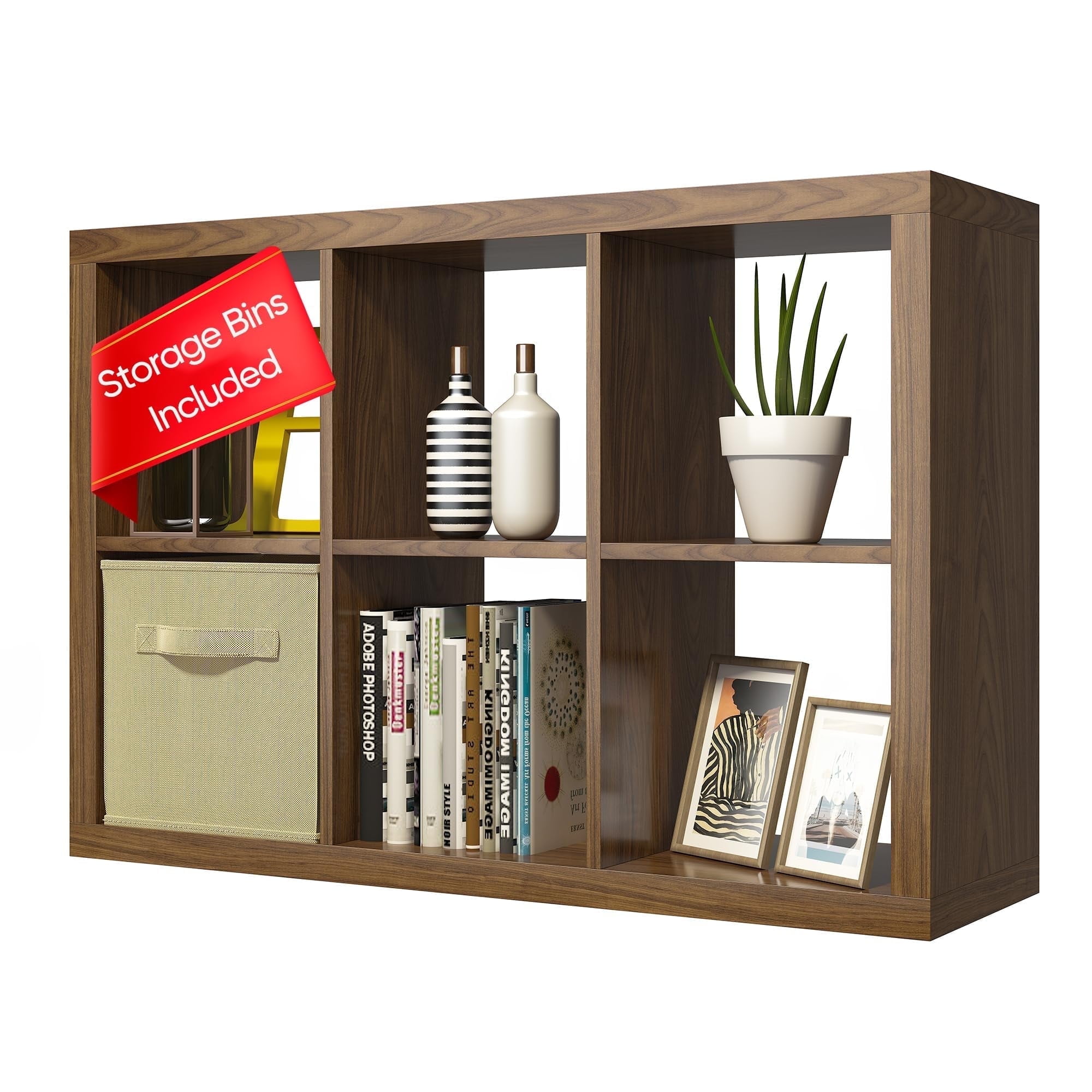 Bookshelf with Storage Bin, 6-Cube Storage Organizer, Modern Wood Open ...