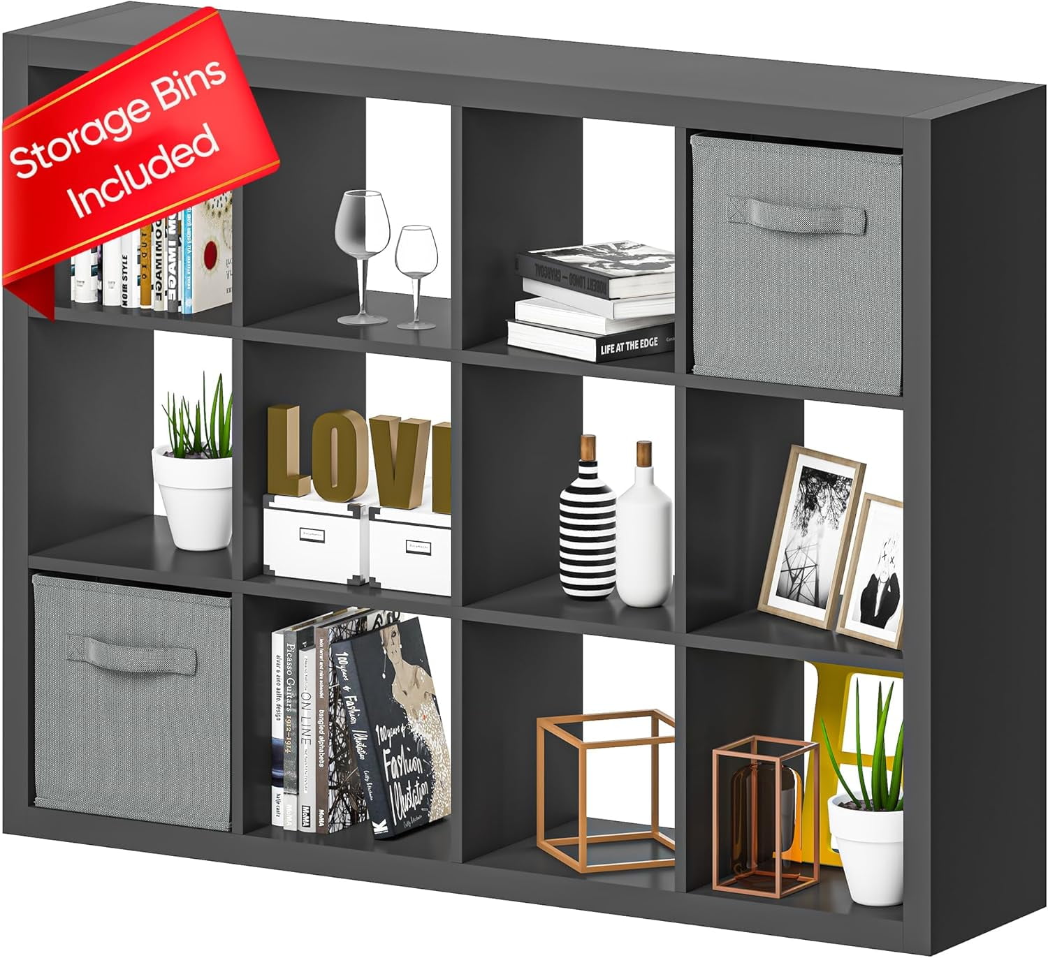 Bookshelf with Storage Bins, 12-Cube Storage Organizer with Back Panels ...