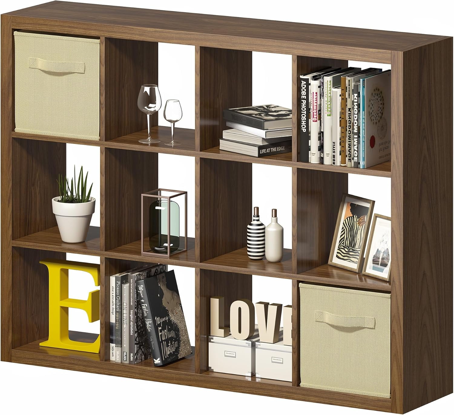 Bookshelf with Storage Bins, 12-Cube Storage Organizer with Back Panels ...