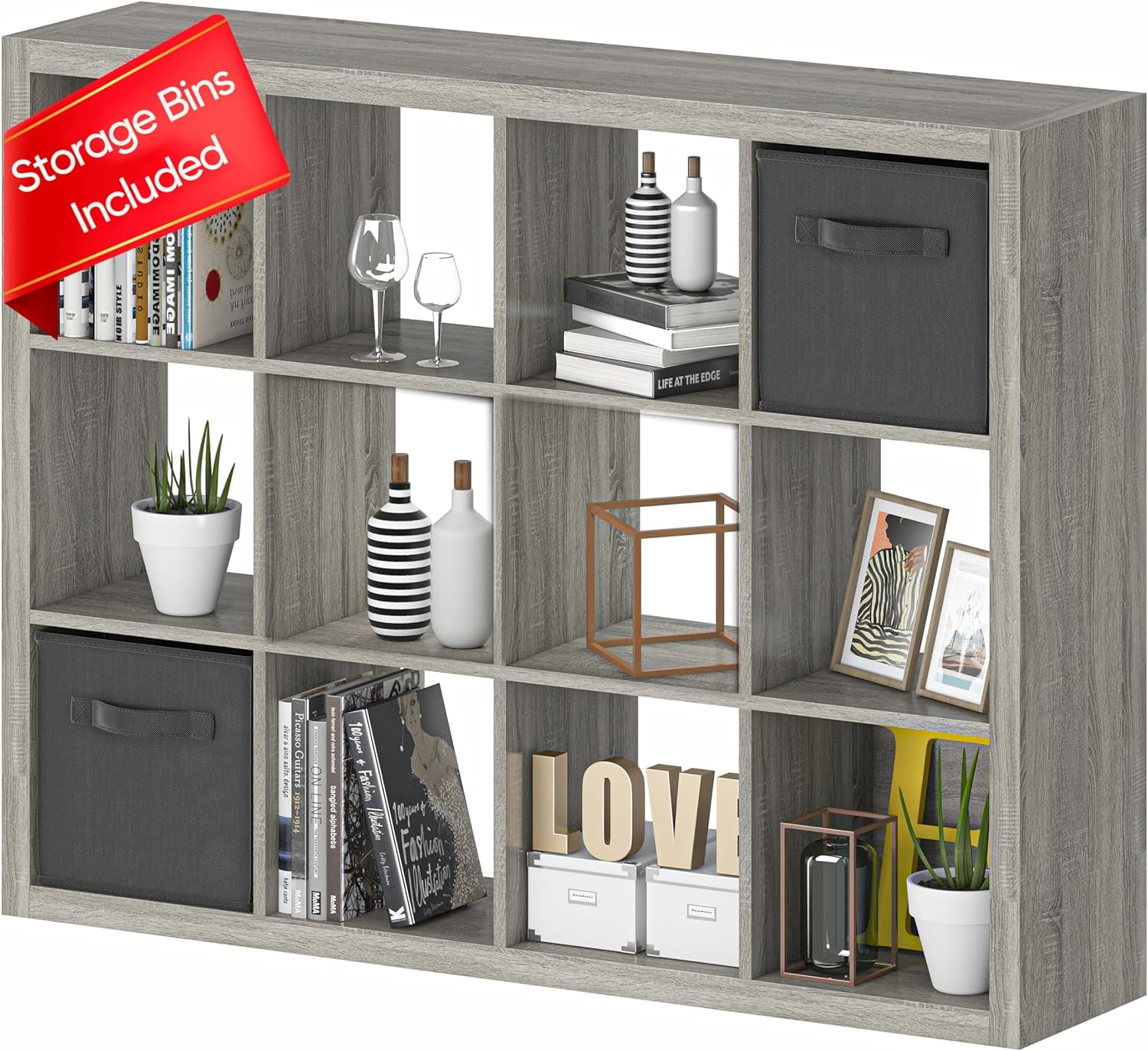 Bookshelf with Storage Bins, 12-Cube Storage Organizer with Back Panels ...