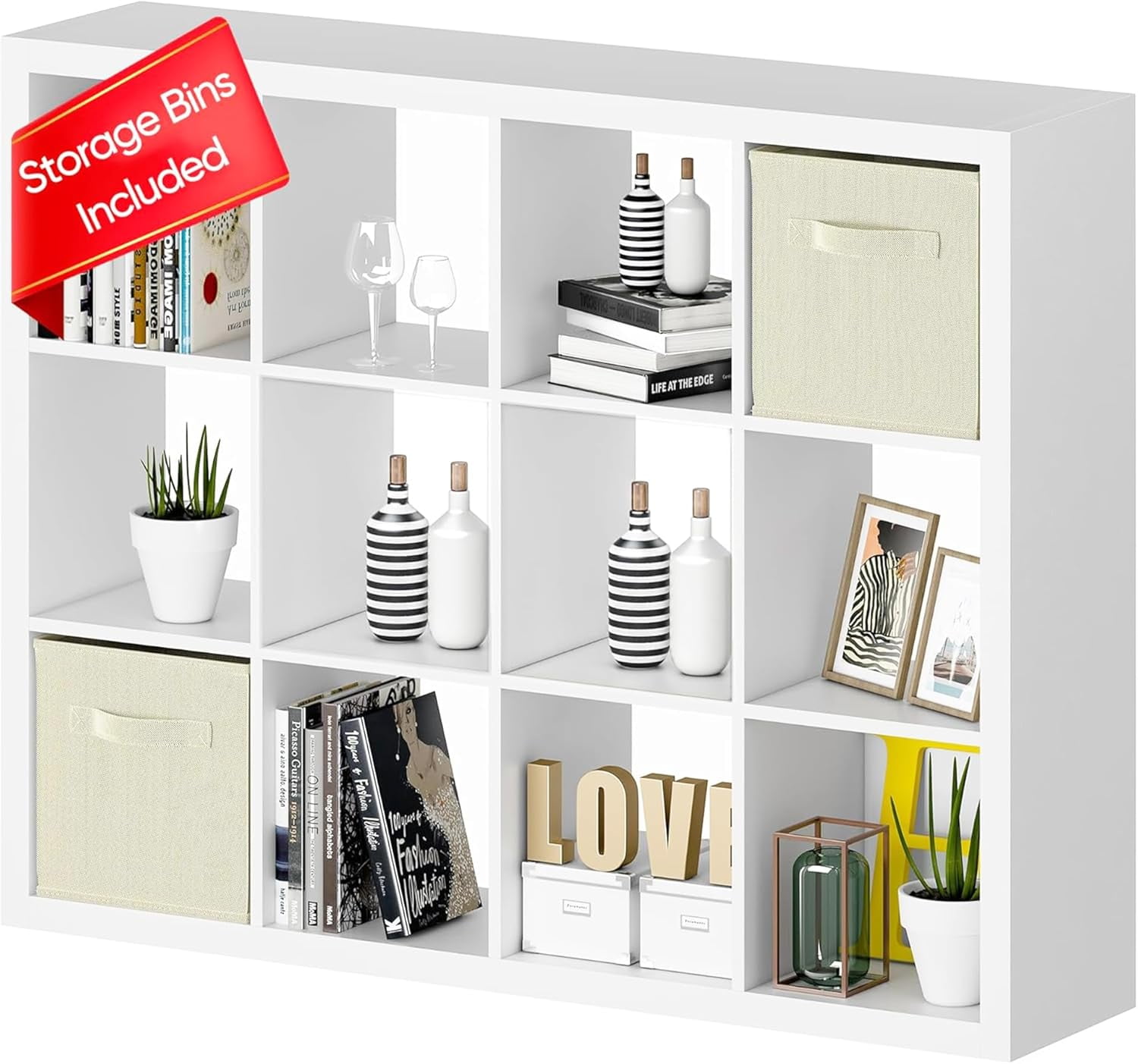 Bookshelf with Storage Bins, 12-Cube Storage Organizer with Back Panels ...