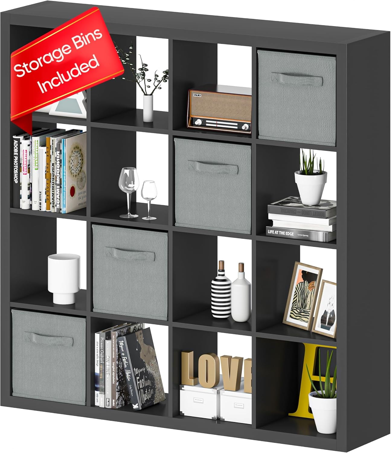 Bookshelf with Storage Bins, 16-Cube Storage Organizer with Back Panels ...