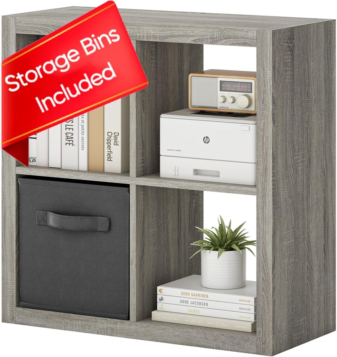 Bookshelf with Storage Bins, 4-Cube Storage Organizer with Back Panels ...