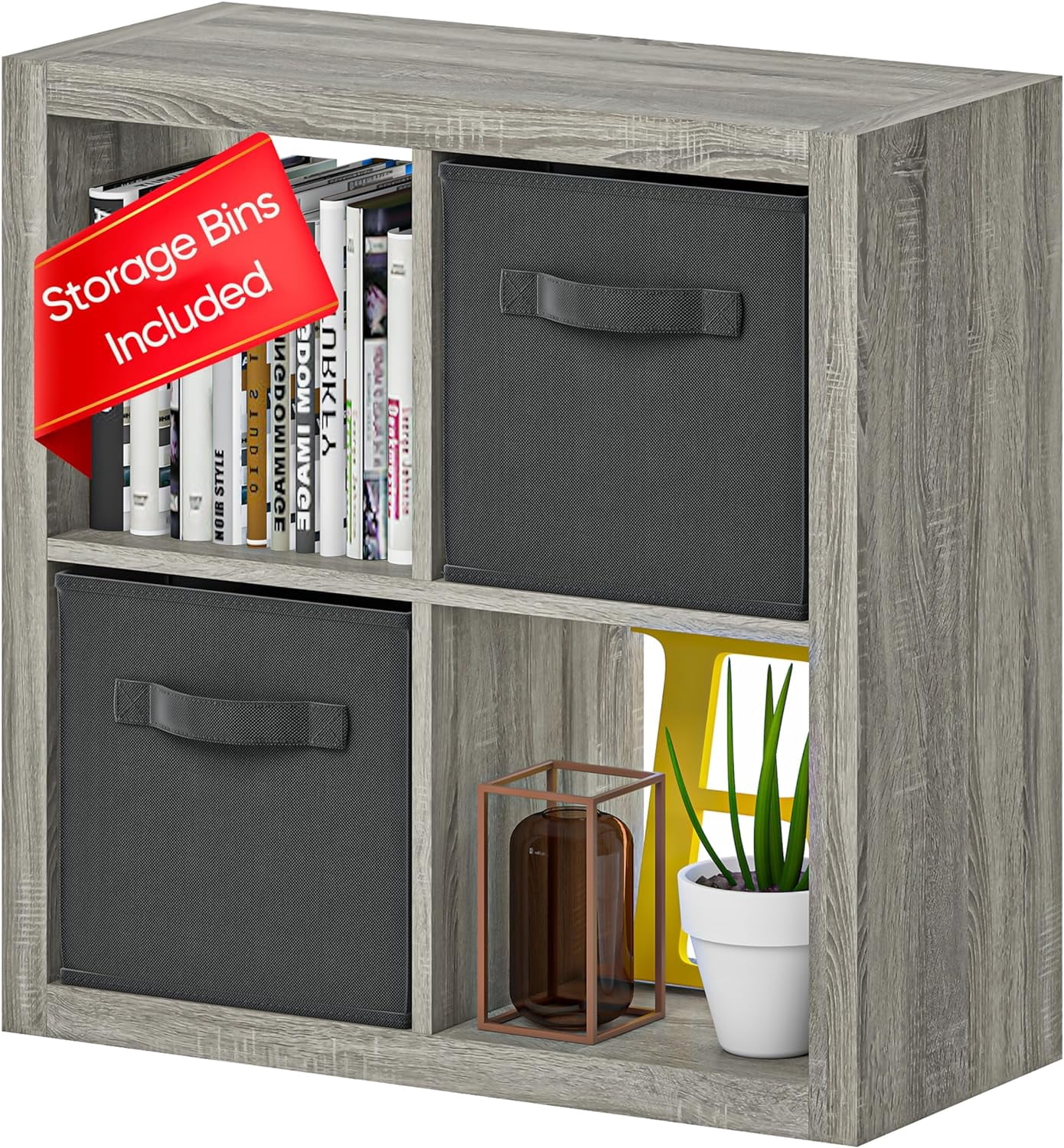 Bookshelf with Storage Bins, 4-Cube Storage Organizer with Back Panels ...