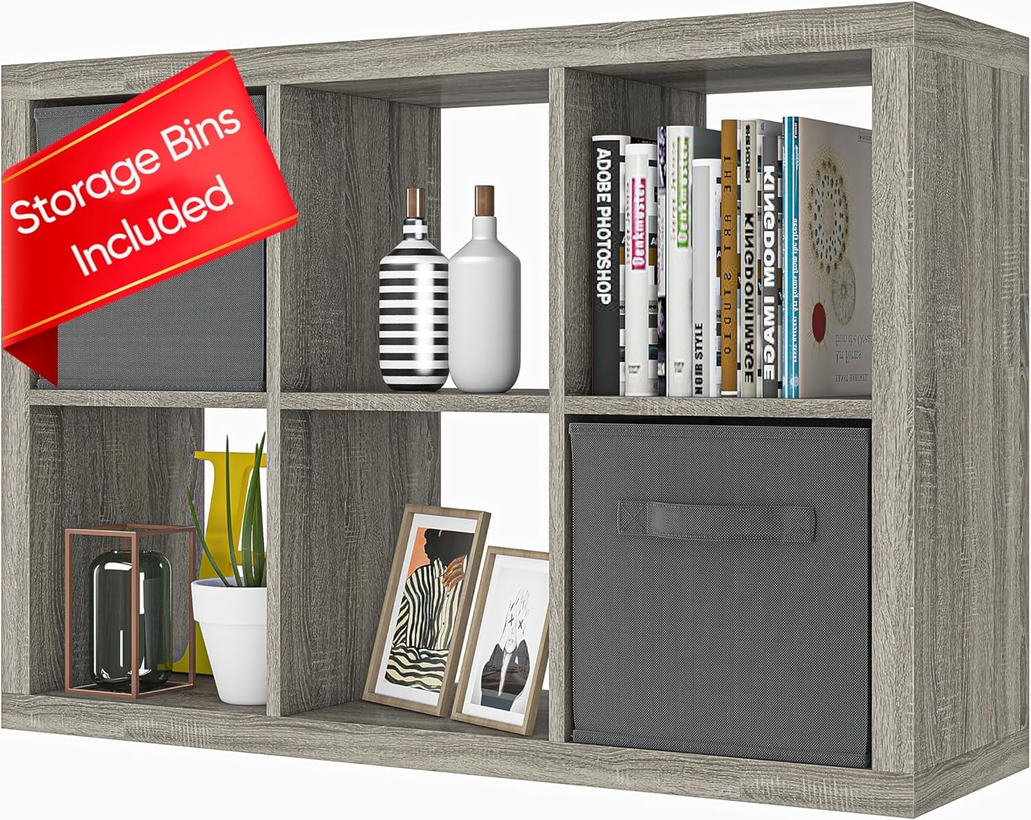 Bookshelf with Storage Bins, 6-Cube Storage Organizer, Modern Wood Open ...