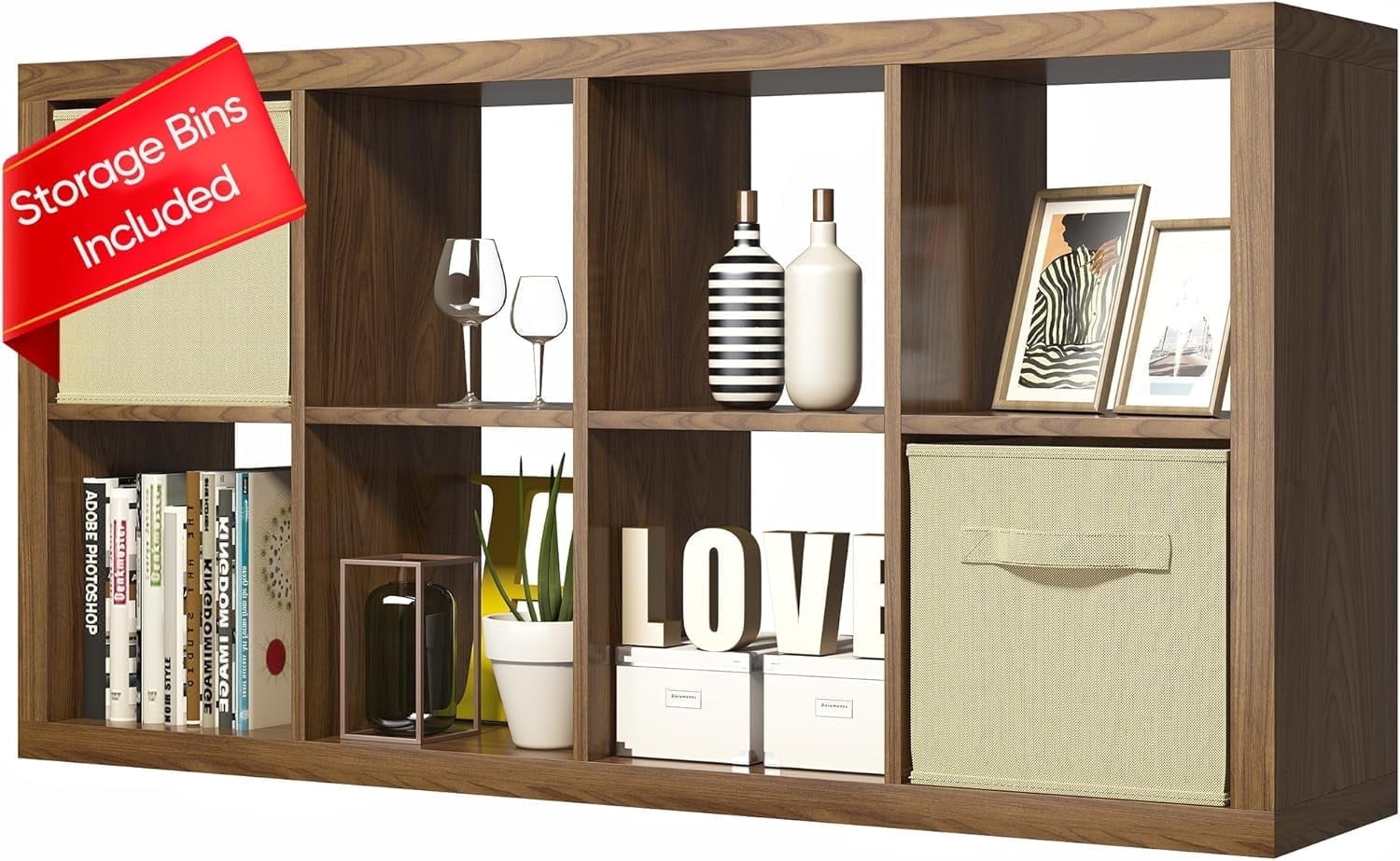 Bookshelf with Storage Bins, 8-Cube Storage Organizer, Modern Wood Open ...