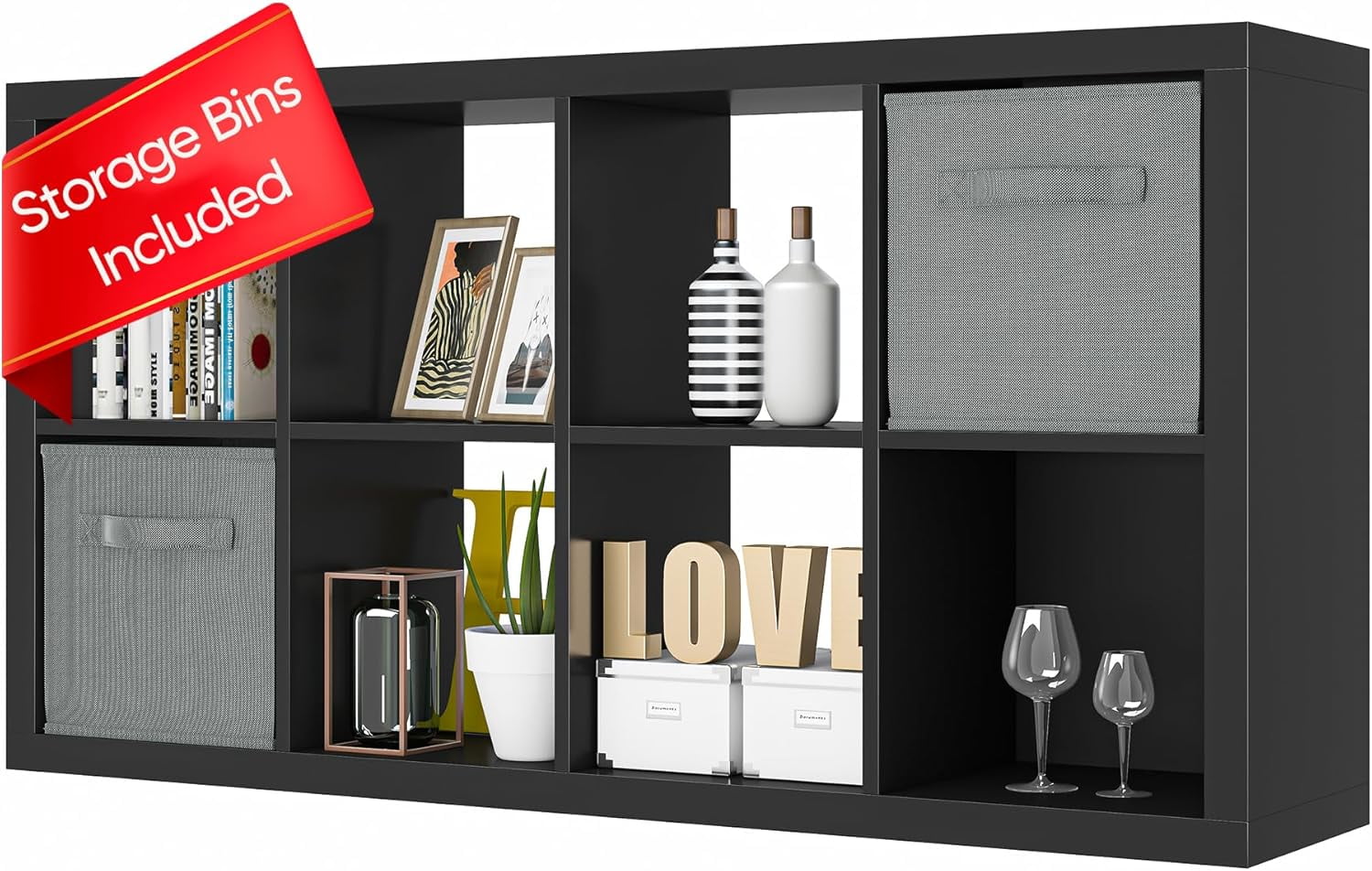 Bookshelf with Storage Bins, 8-Cube Storage Organizer, Modern Wood Open ...