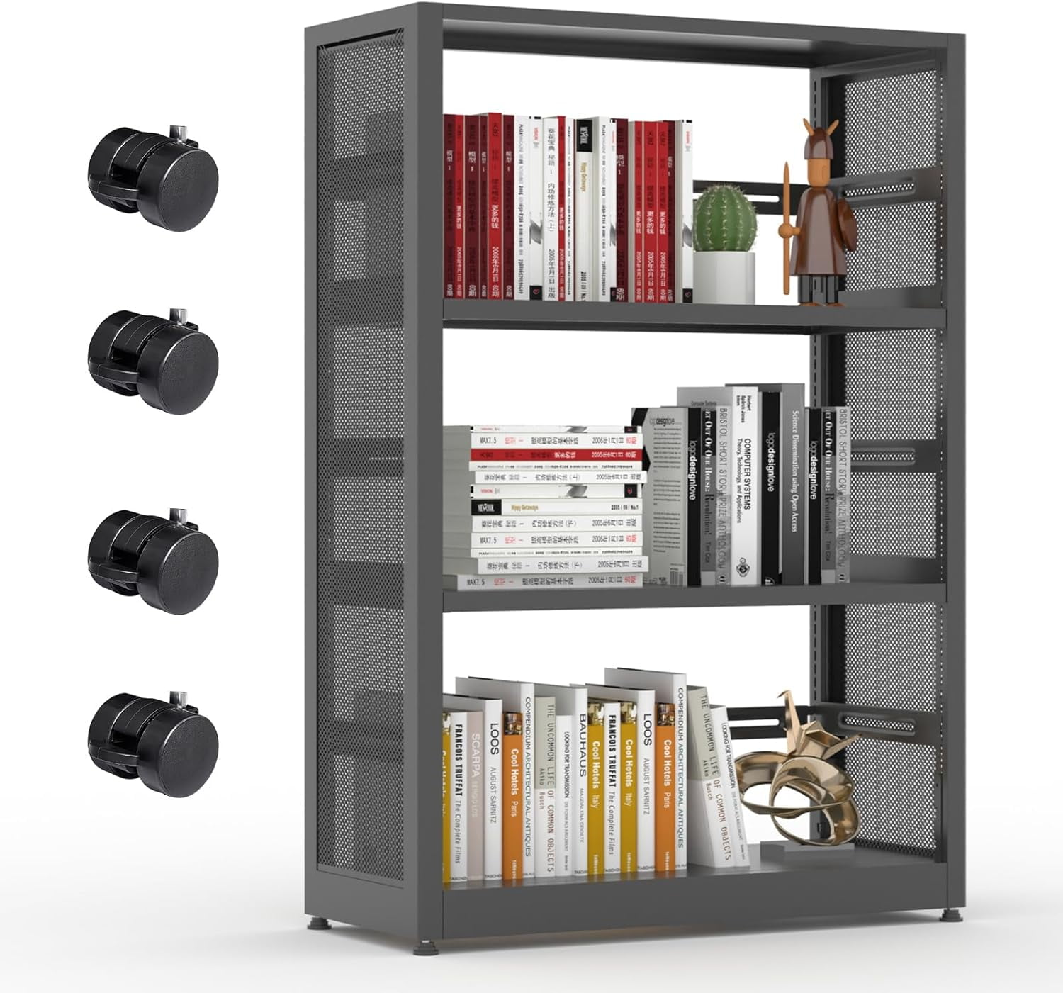 Bookshelf with Storage,Black Bookcase with 2 Adjustable Shelves,Metal ...