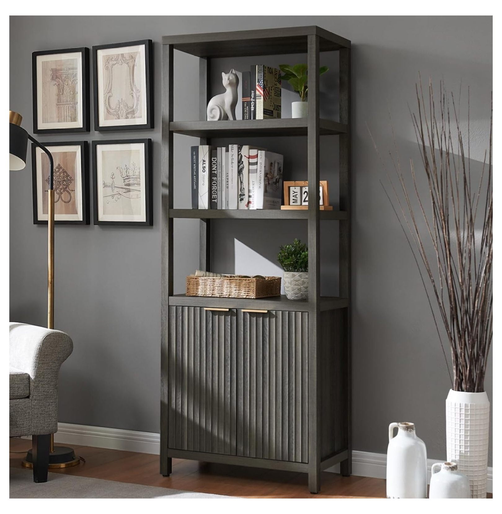 Bookshelf, Tall Book Shelf with Doors Cabinet, 5-Tier Bookcase, Wooden ...