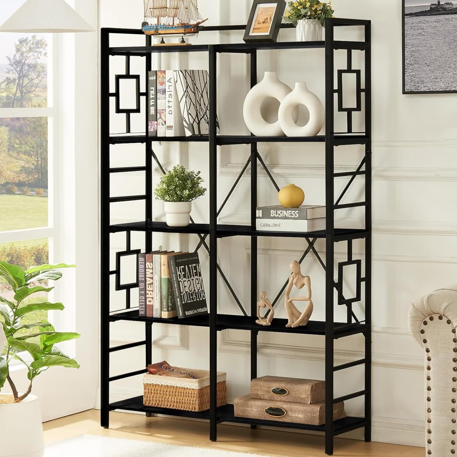 Bookshelf, Tall Double Wide 5 Tier Book Shelf, Engineered Wood and ...
