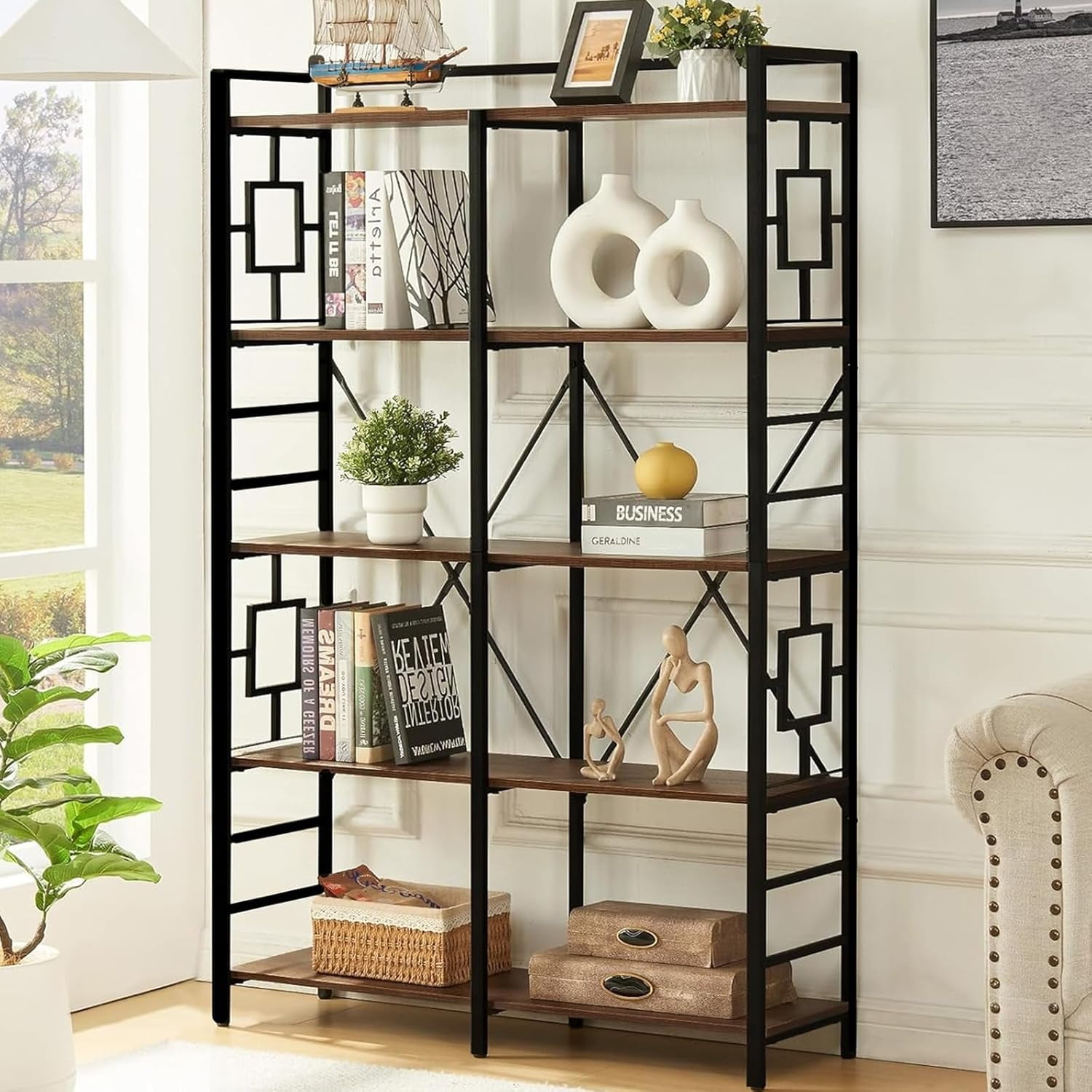 Bookshelf, Tall Double Wide 5 Tier Book Shelf, Engineered Wood and ...