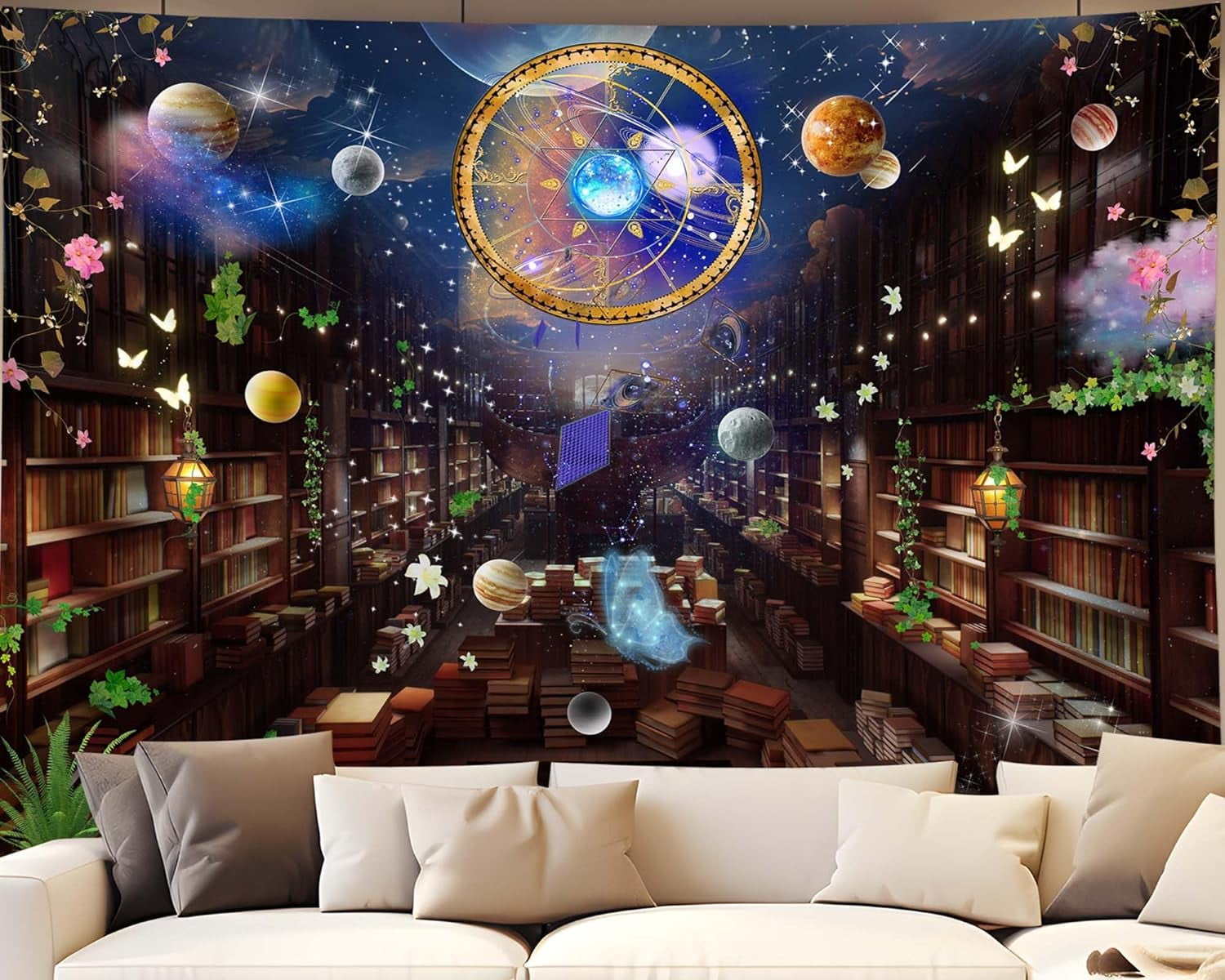 Bookshelf Tapestry Wall Hanging, Fantasy Library Tapestry Witch Magic ...