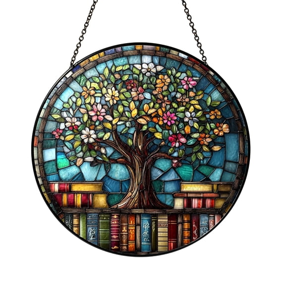 Bookshelf Tree Glass Suncatcher Window Decor, Stained Glass Style ...