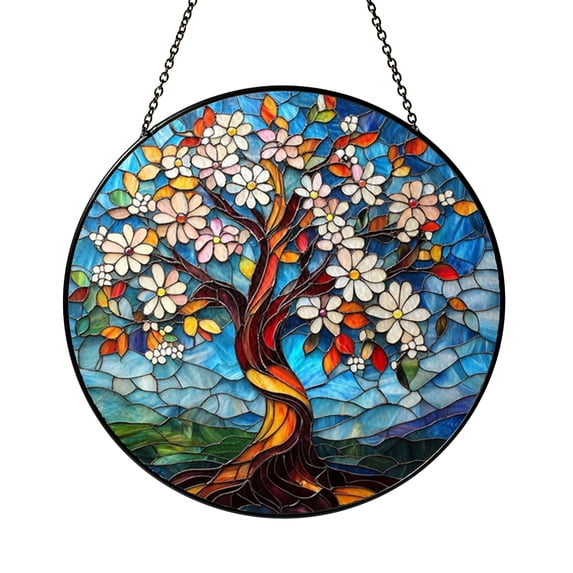Bookshelf Tree Scene Window Suncatcher, Decorative Stained Glass Style ...
