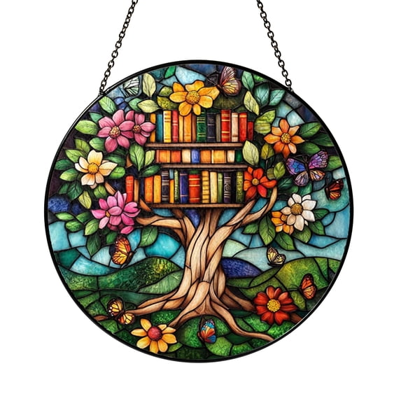 Bookshelf Tree Stained Glass Window Suncatcher, Floral Library Sun ...