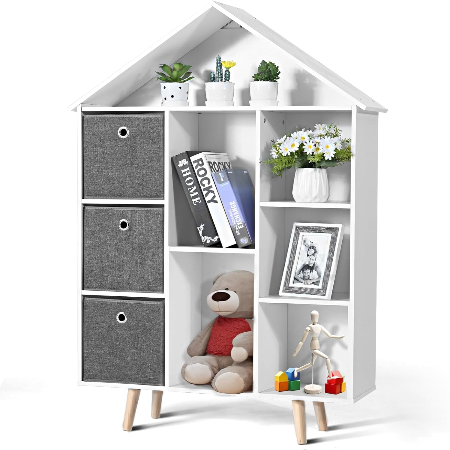 Bookshelf Wooden Bookcase w/3 Bins 9-Section Toy Organizer for Boys ...