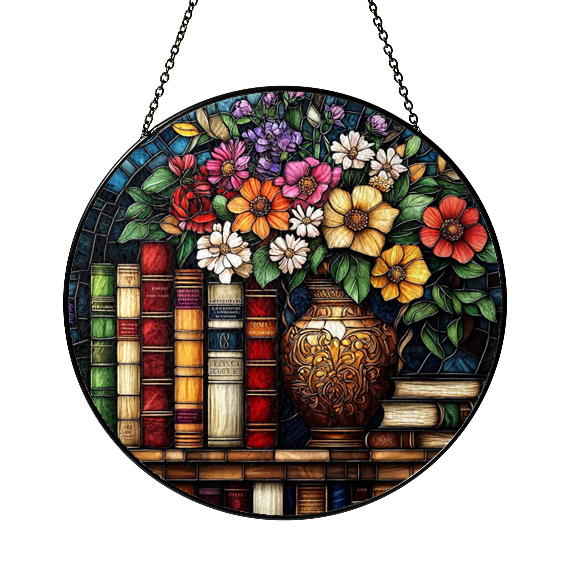 Bookshelf and Flowers Stained Glass Style Window Suncatcher Hanging ...