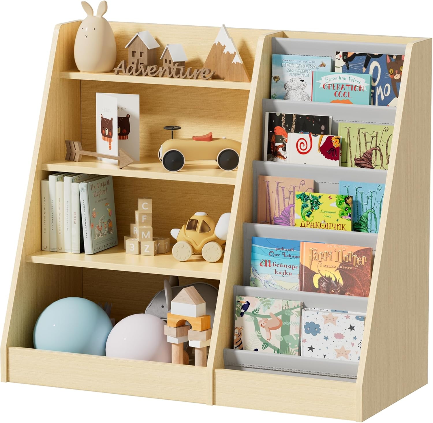 Bookshelf and Toy Storage, 4 Tier Wooden Bookcase with 5 Layer Sling ...