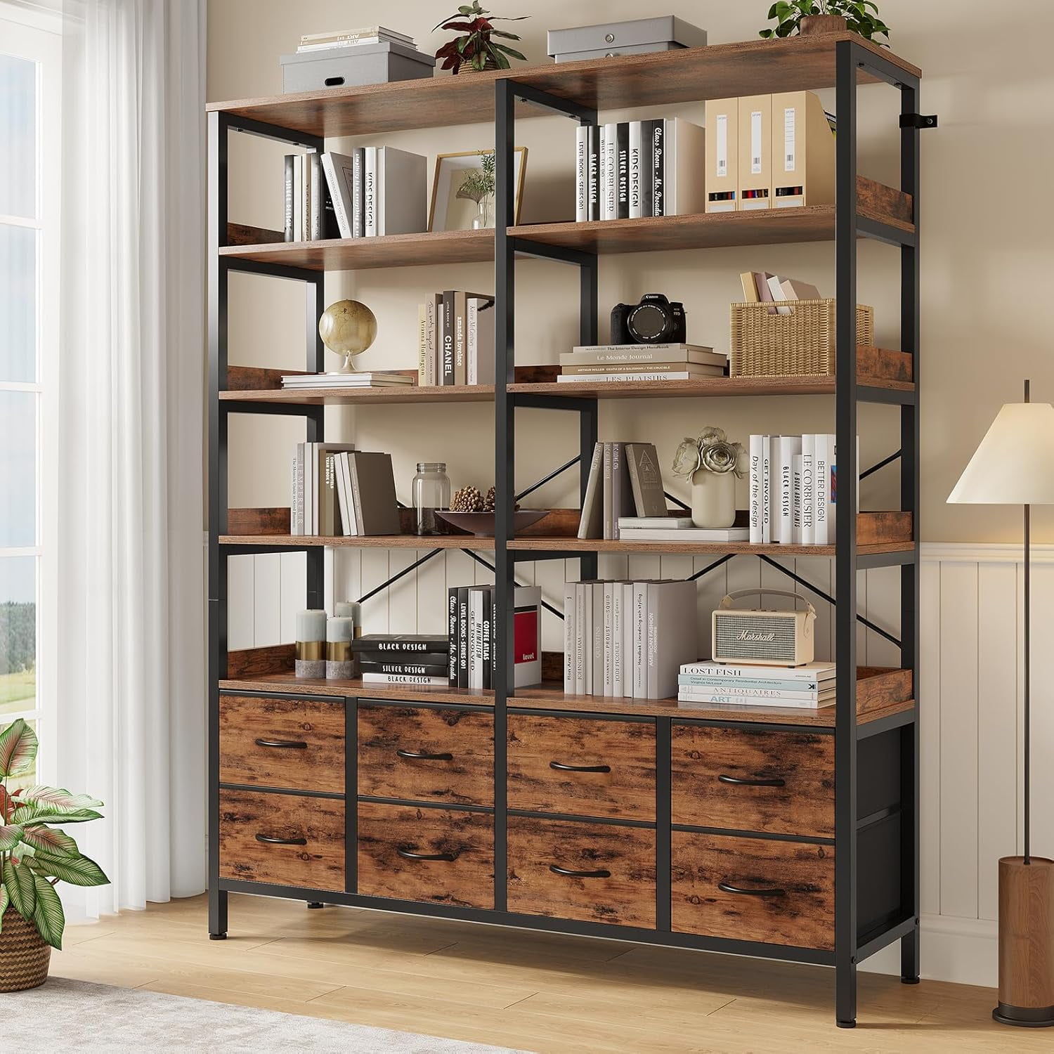 Bookshelf with 8 Fabric Drawers, 7-Tier Bookcase with Baffles Display ...