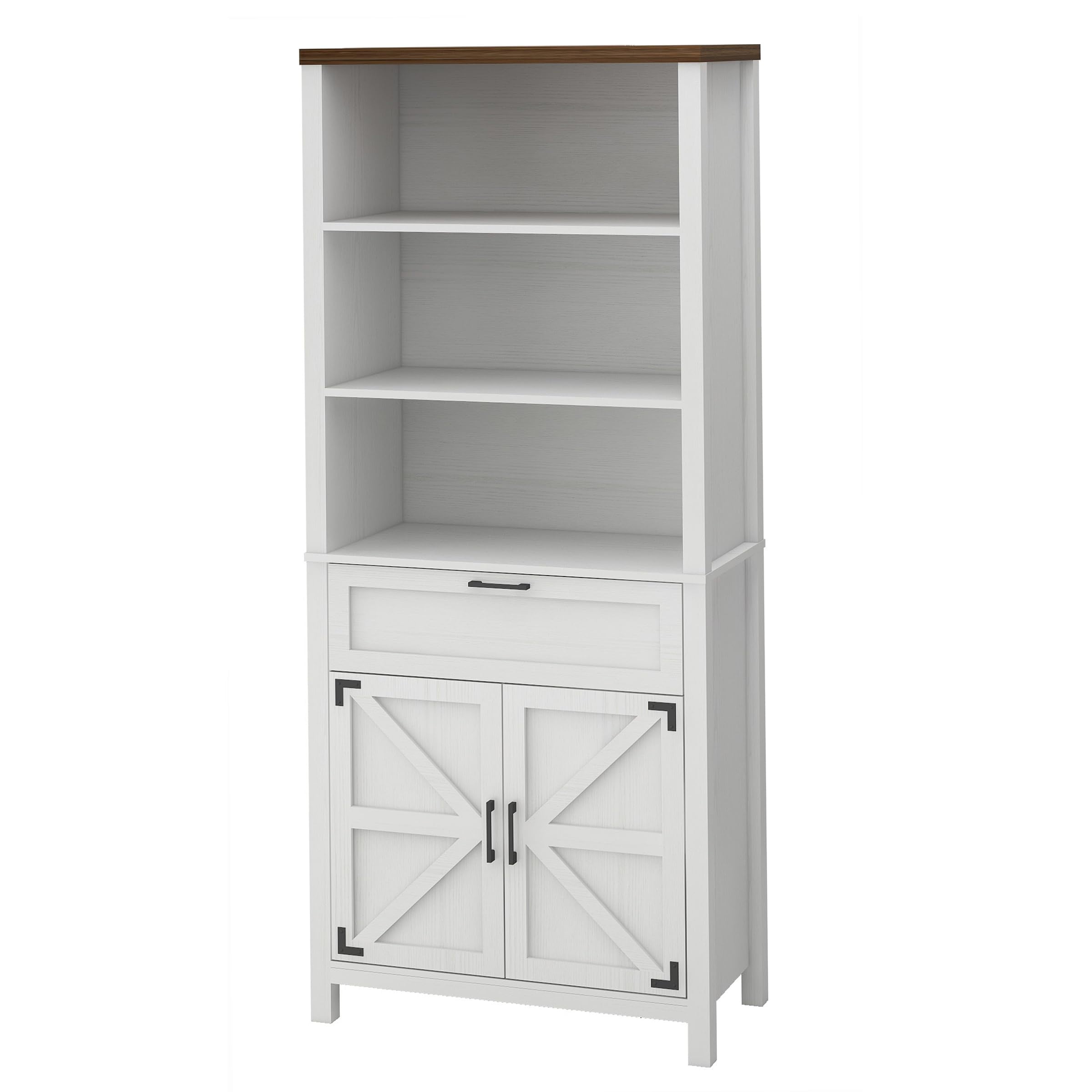 Bookshelf with Doors, 6-Tire Farmhouse Storage Cabinet Bookcase Floor ...