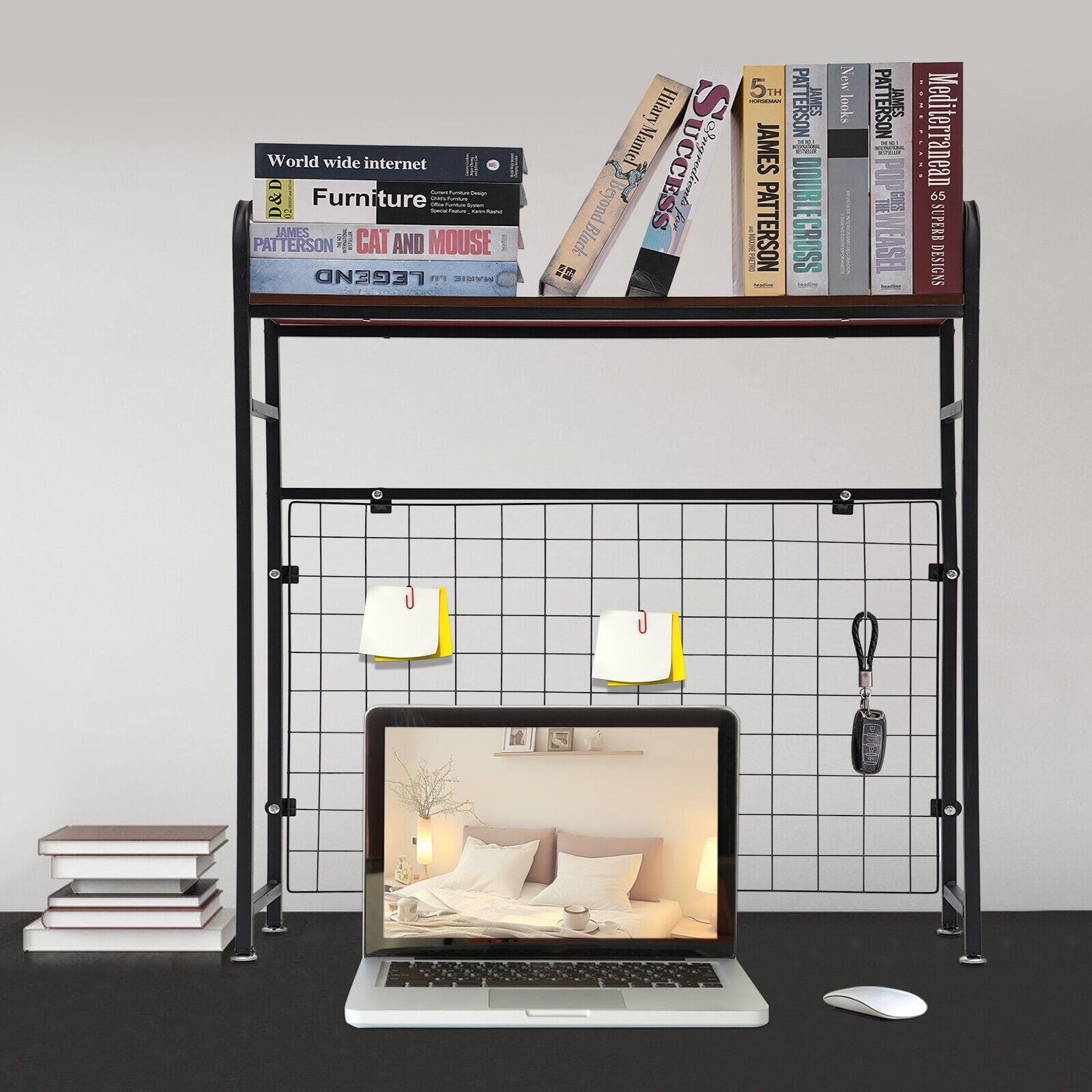 Bookshelf with Grid Desk Storage Shelf Computer Desktop Bookshelf Home ...