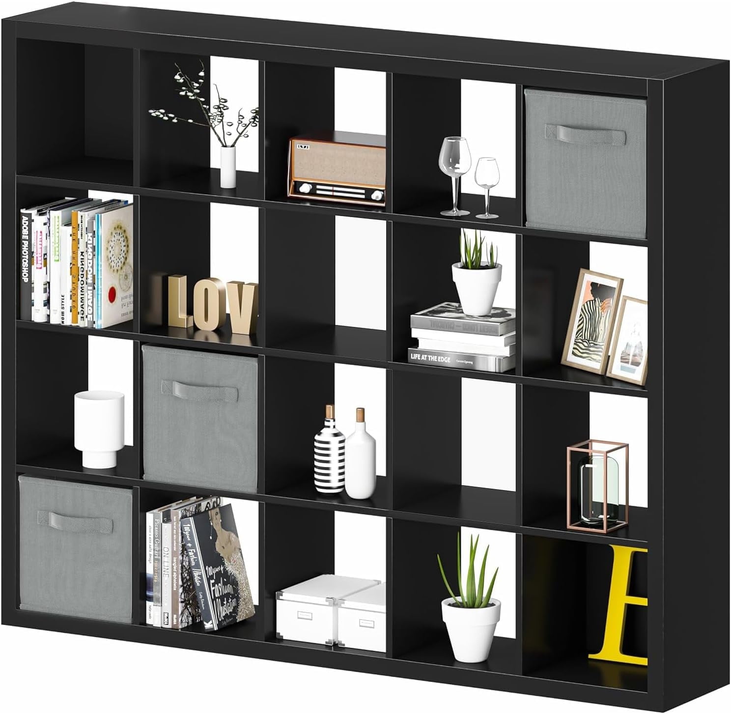 Bookshelf with Storage Bins, 20-Cube Storage Organizer Sturdy Wooden ...