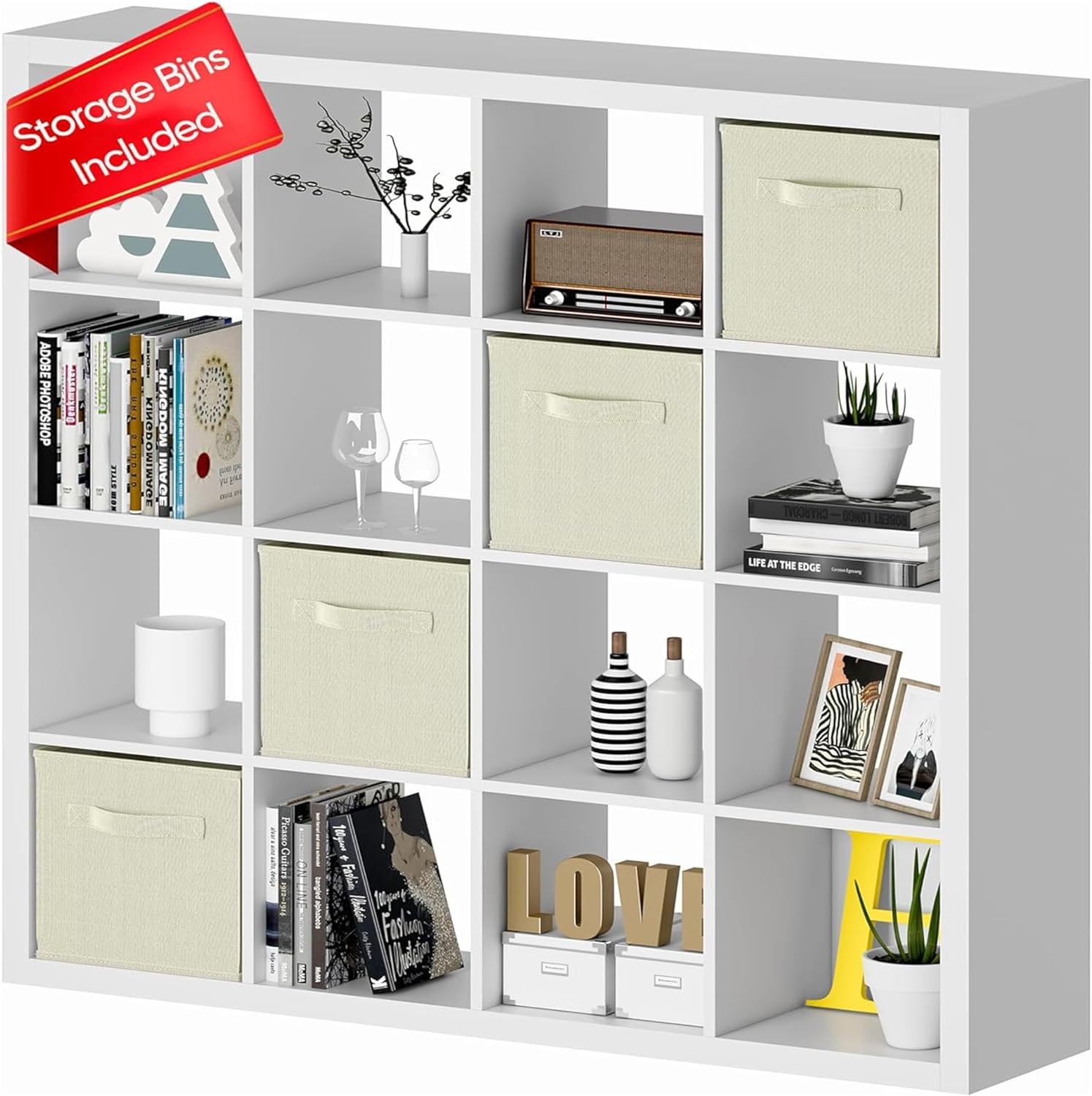 Bookshelf with Storage Bins, 20-Cube Storage Organizer Sturdy Wooden ...