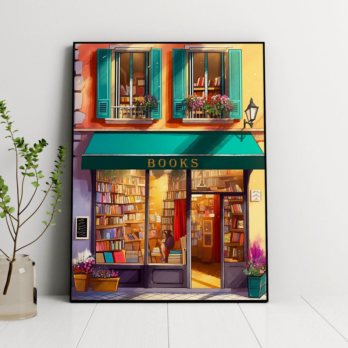Bookshop Illustration Colorful Books Library Home Wall Decor, Unframed ...