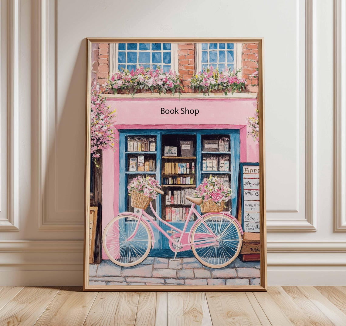 Bookshop Vintage Bookstore Pink Bicycle Floral Street Scene Art ...