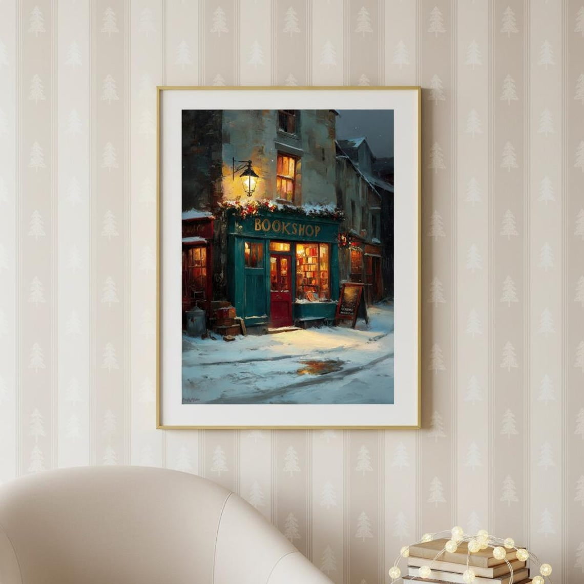 Bookshop Wall Art Print | Festivedecor | Cozy Winter Bookstore Artwork ...