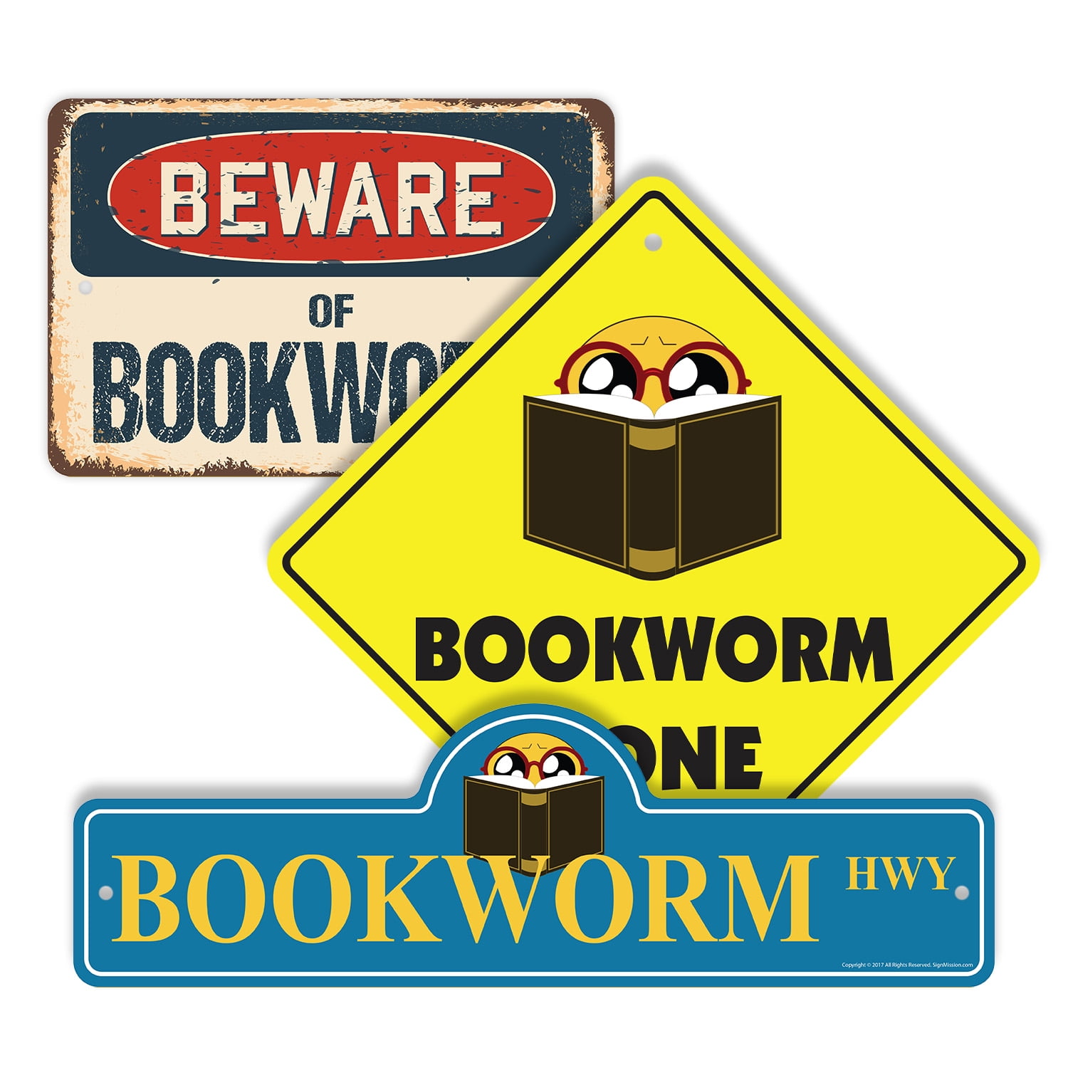 Bookworm (3 Pack) Large Plastic Street Sign Crossing Sign Warning Sign ...