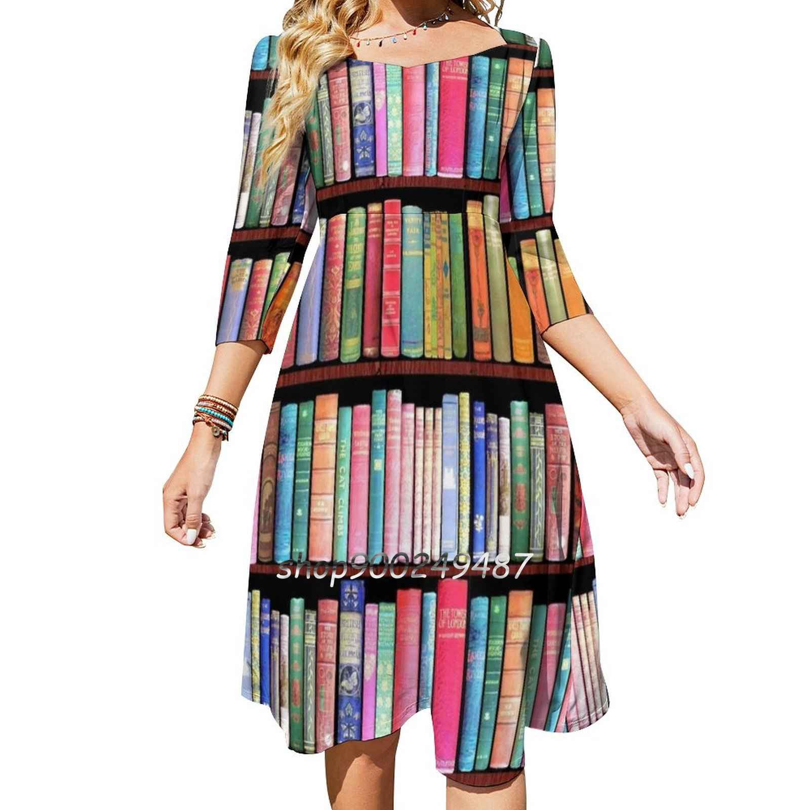 Bookworm Antique Book Library Vintage Book Shelf Flare Dress Square ...