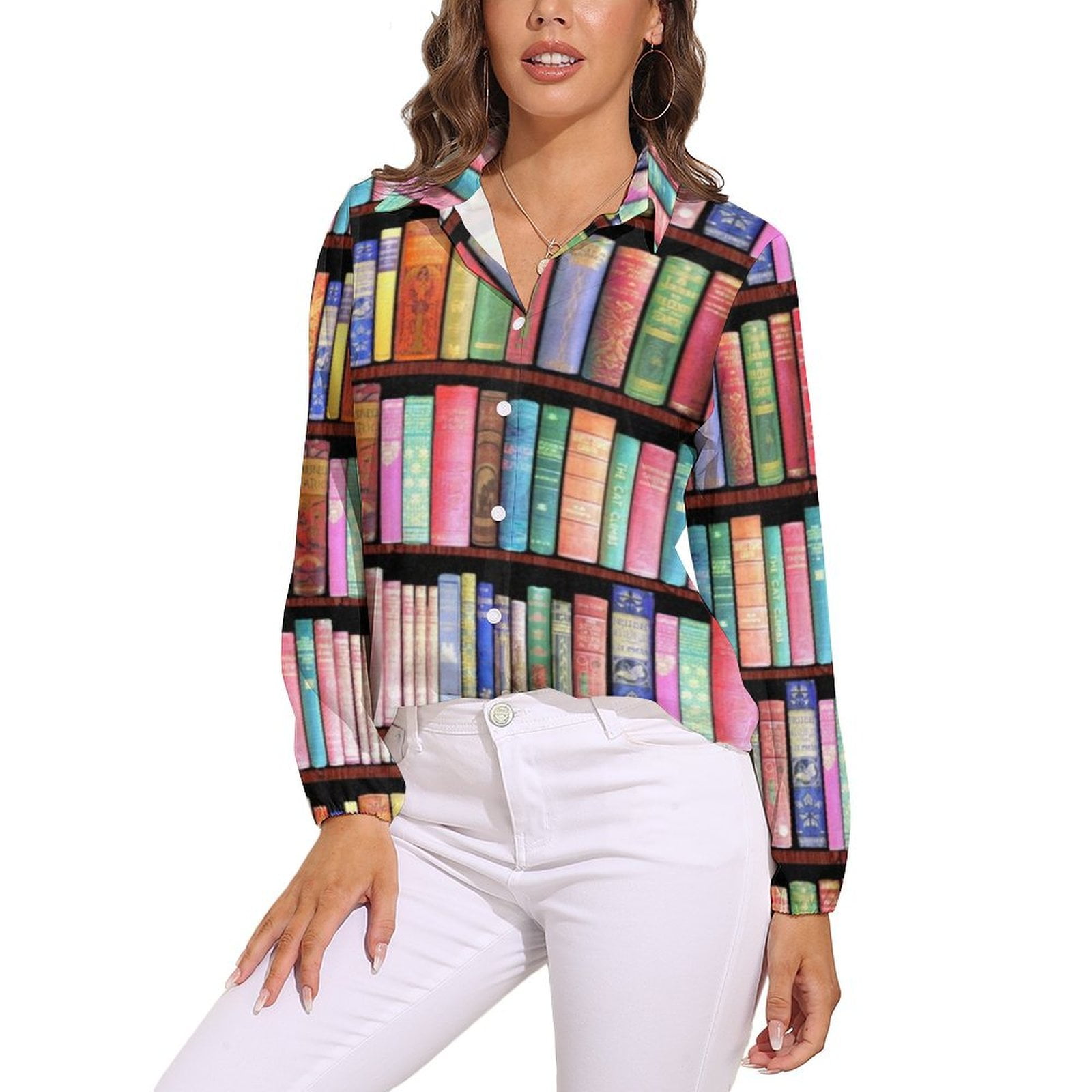 Bookworm Antique Book Library, Vintage Book Shelf Long Sleeve Blouse ...